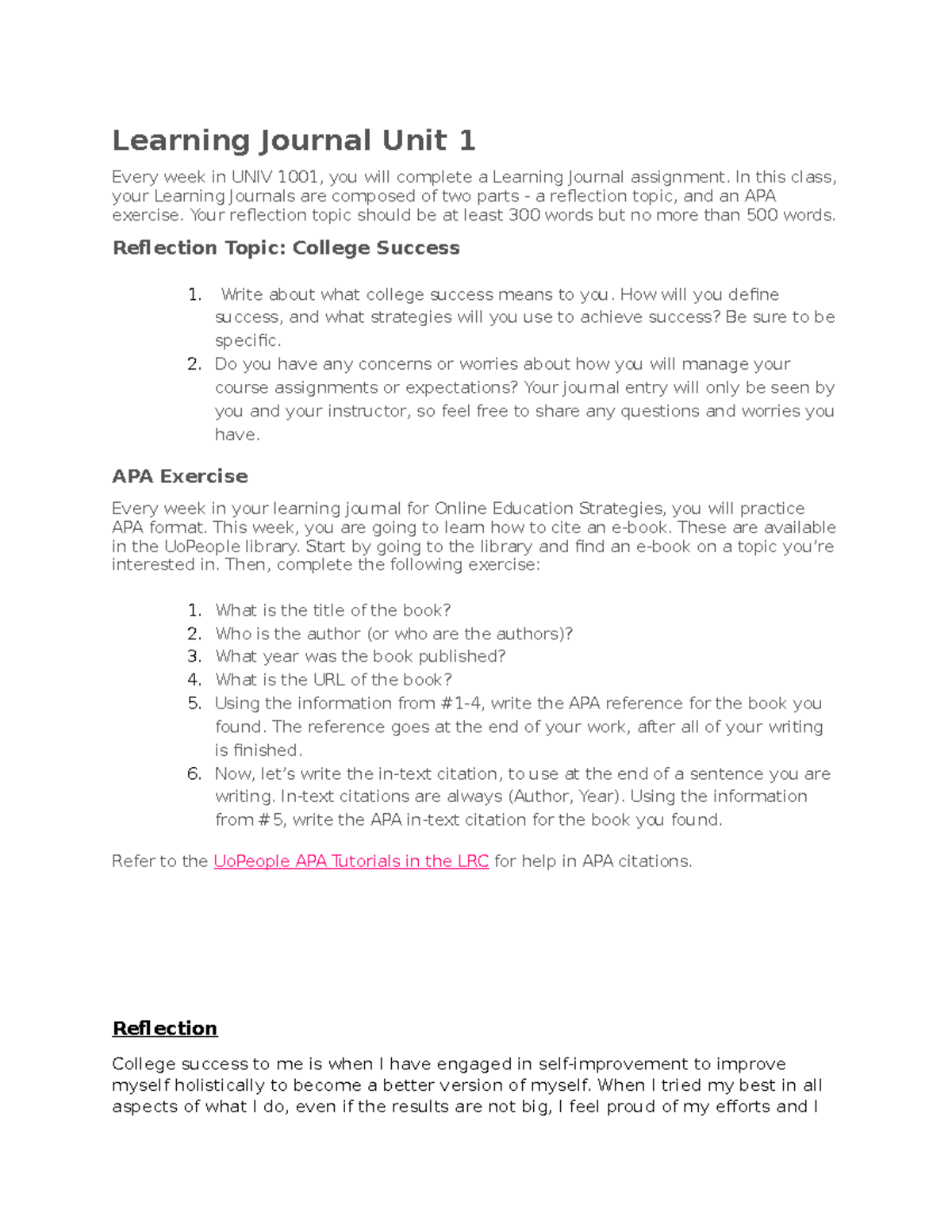 UNIV 1001 - Week 1 - Learning Journal Unit 1 Every week in UNIV 1001 ...