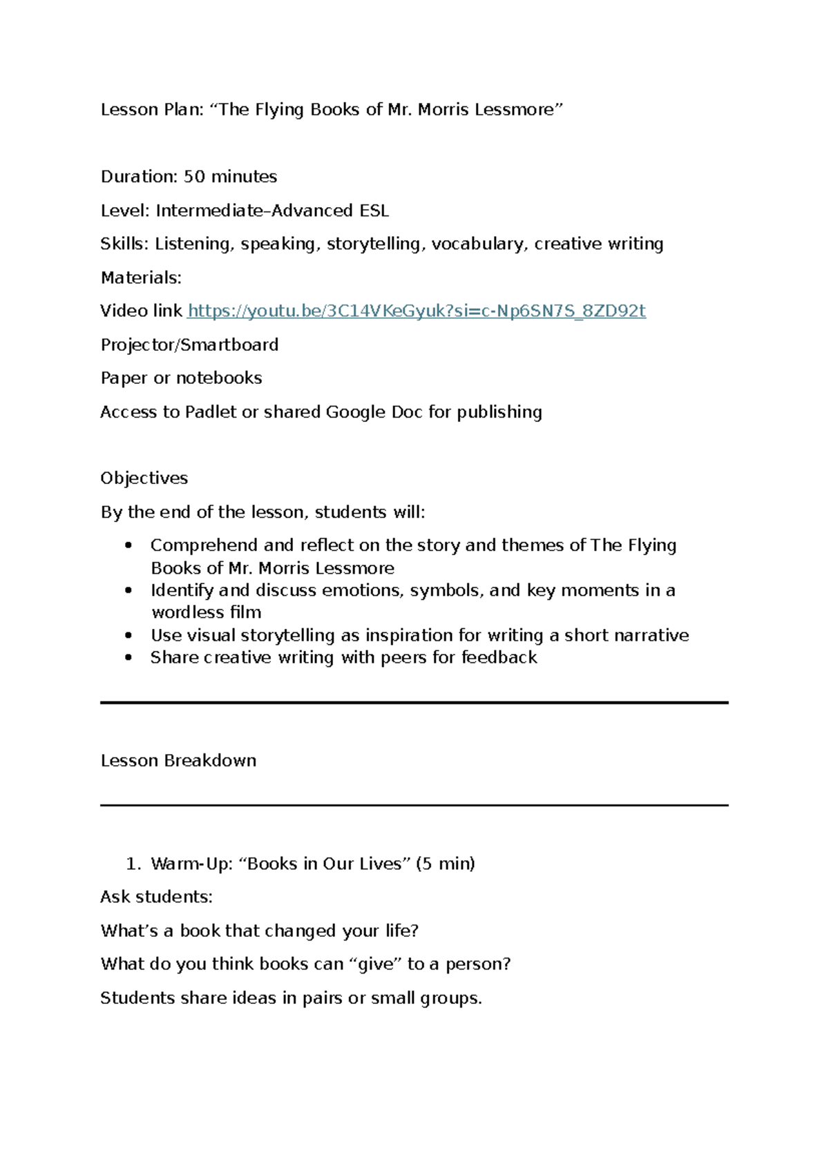 Lesson Plan: ESL Lesson on The Flying Books of Mr. Morris - Studocu