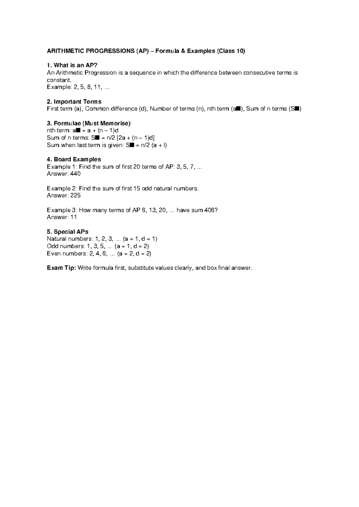 AP Formula Examples and Key Concepts (Class 10) - Studocu