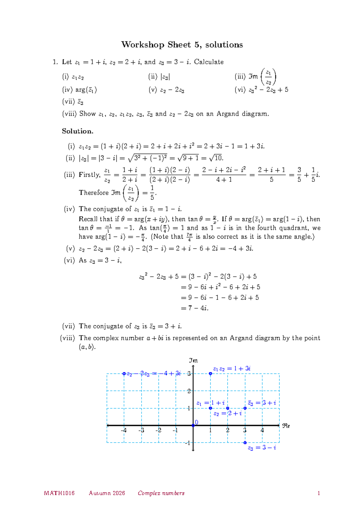 MATH1016 Workshop 5 Solutions: Complex Numbers and Argand Diagrams ...