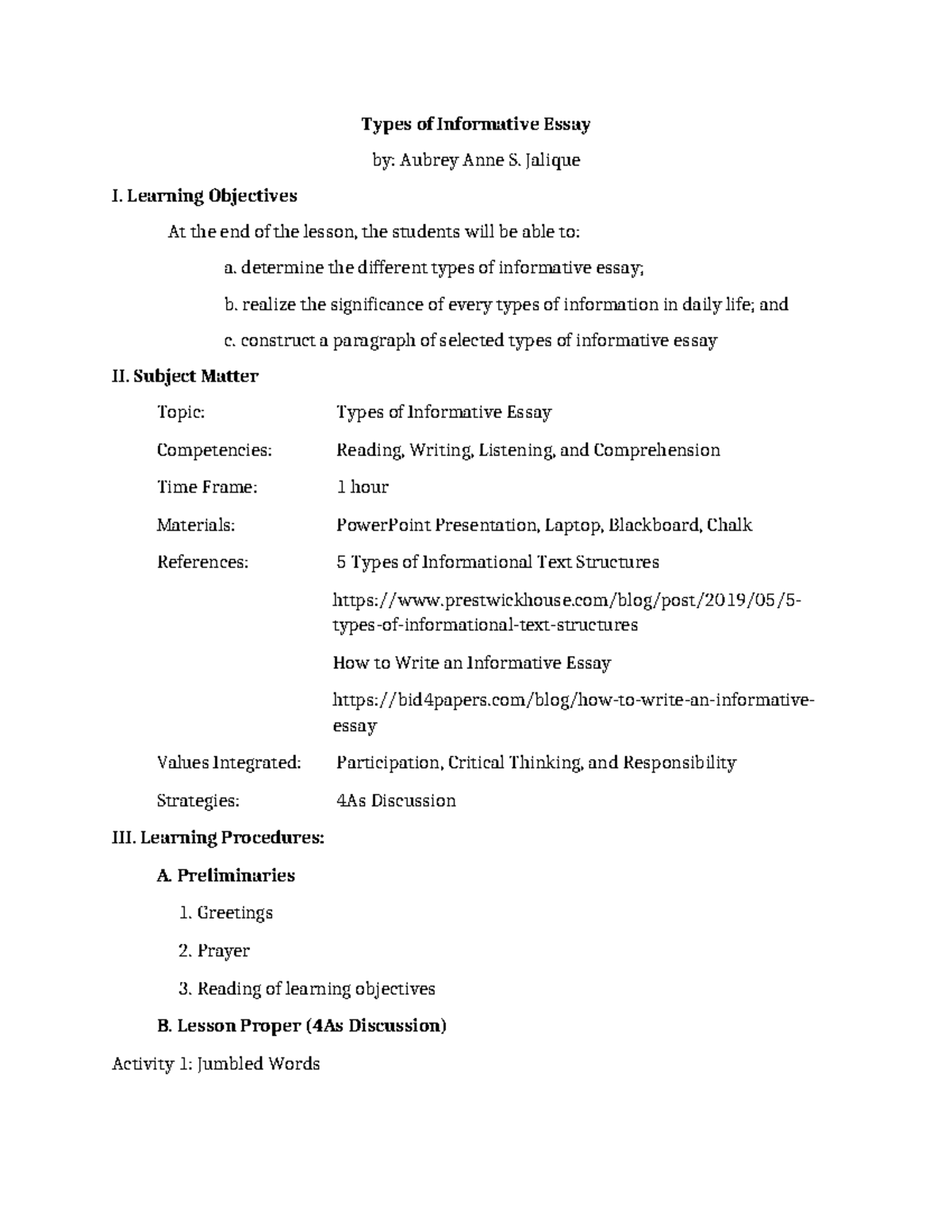 Types of Informative Essay - Jalique I. Learning Objectives At the end ...