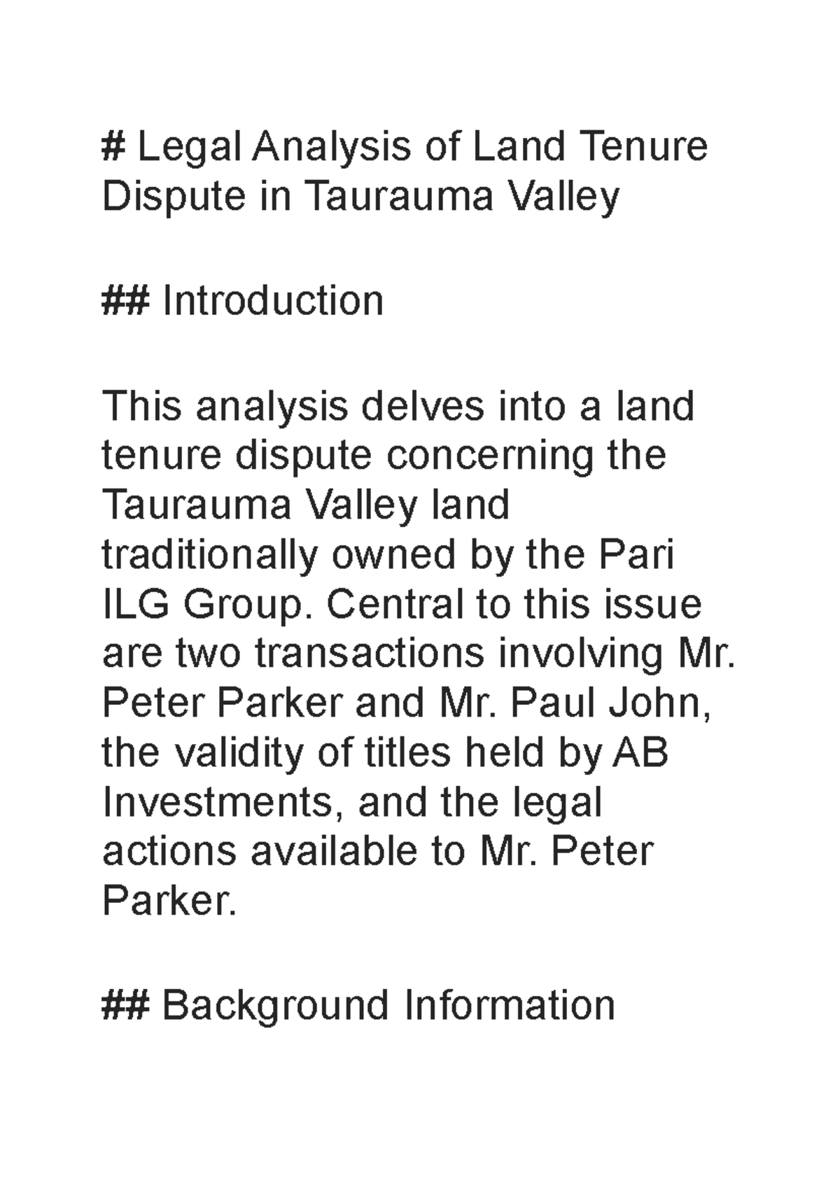 Legal Analysis of Land Tenure Dispute - Mr. Parker's Rights and Actions ...
