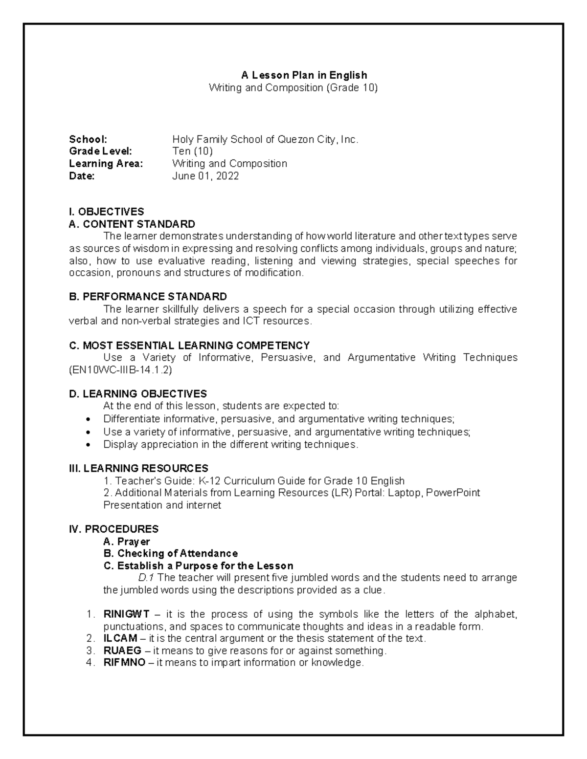 Grade 10 Writing Techniques Lesson Plan - Informative & Persuasive ...