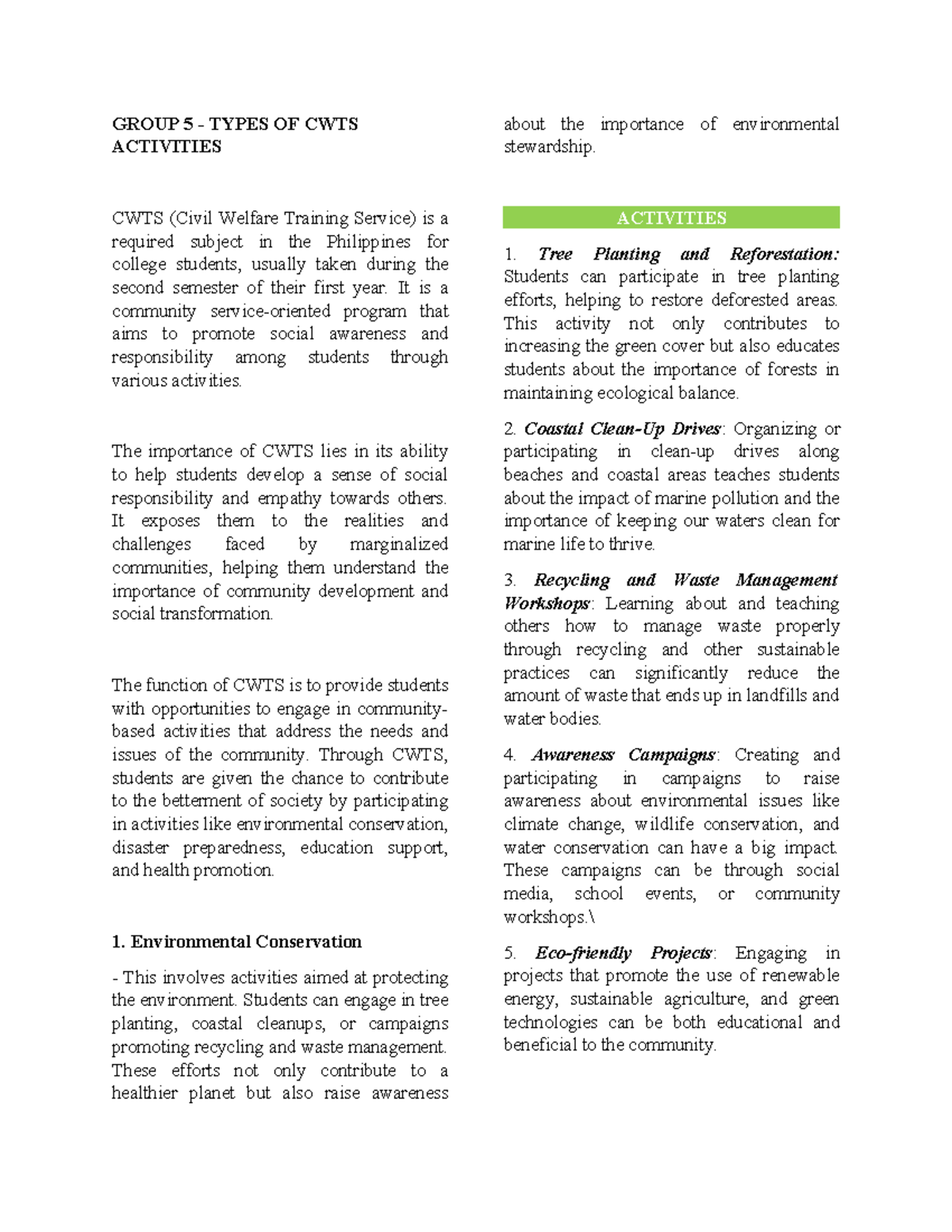 CWTS Activities Overview: Community Engagement and Social ...