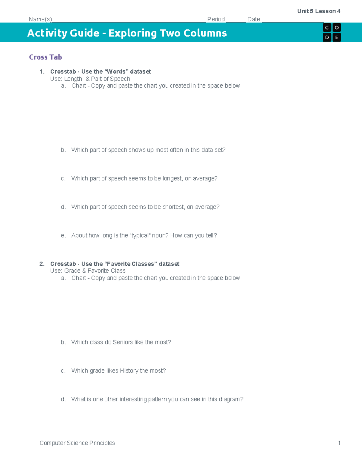 Activity Guide - Unit 5 Lesson 4: Exploring Two Columns in Data - Studocu