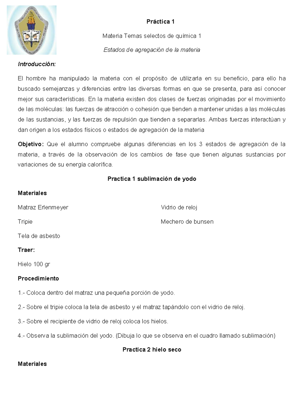 Práctica 1: Estados de Agregación de la Materia en Química 1 - Studocu