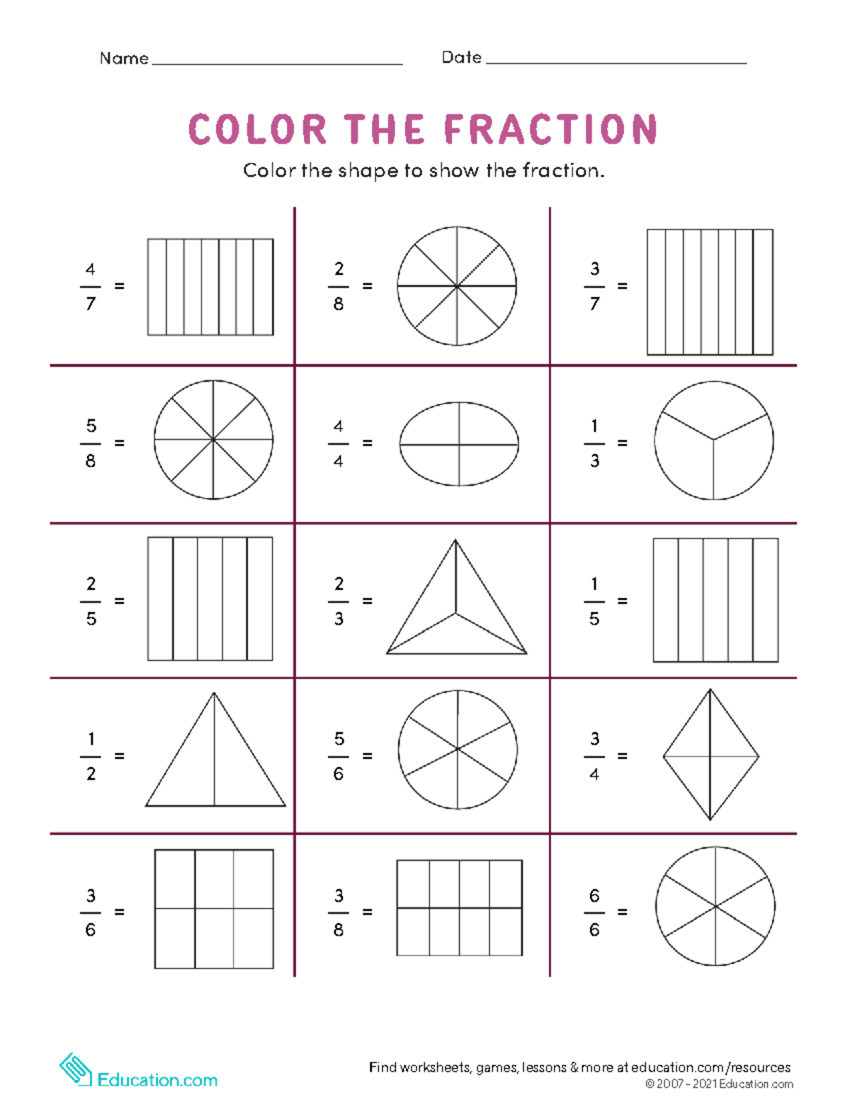 Fraction fundamentals color fraction - Name Color the shape to show the ...