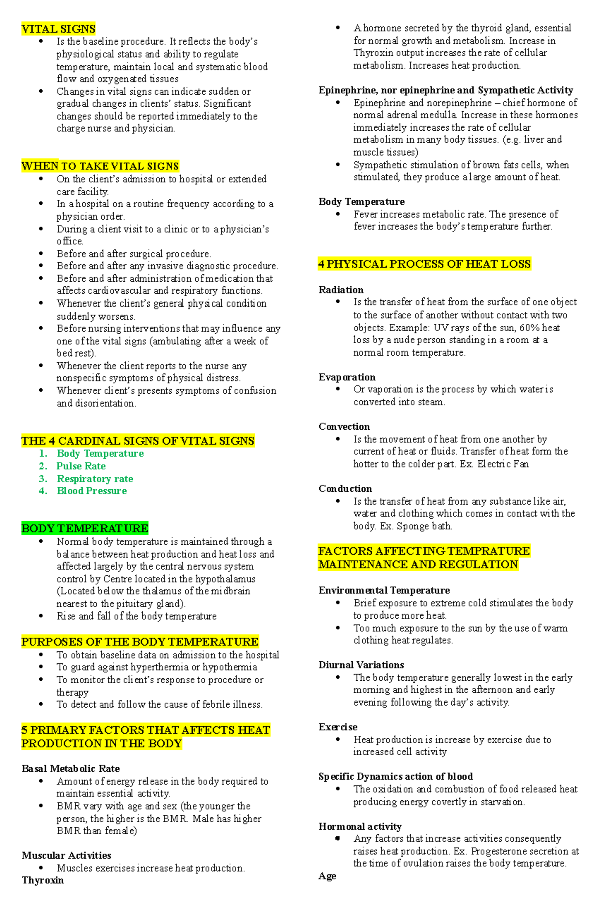 Vital Signs Overview - Lecture Notes for Nursing Course - Studocu