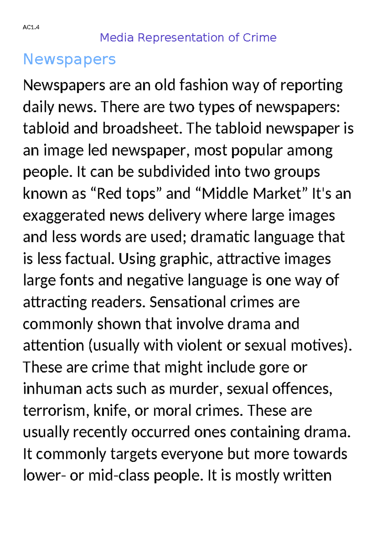 AC1.4 Media Representation of Crime: Newspapers, Film, Social Media ...