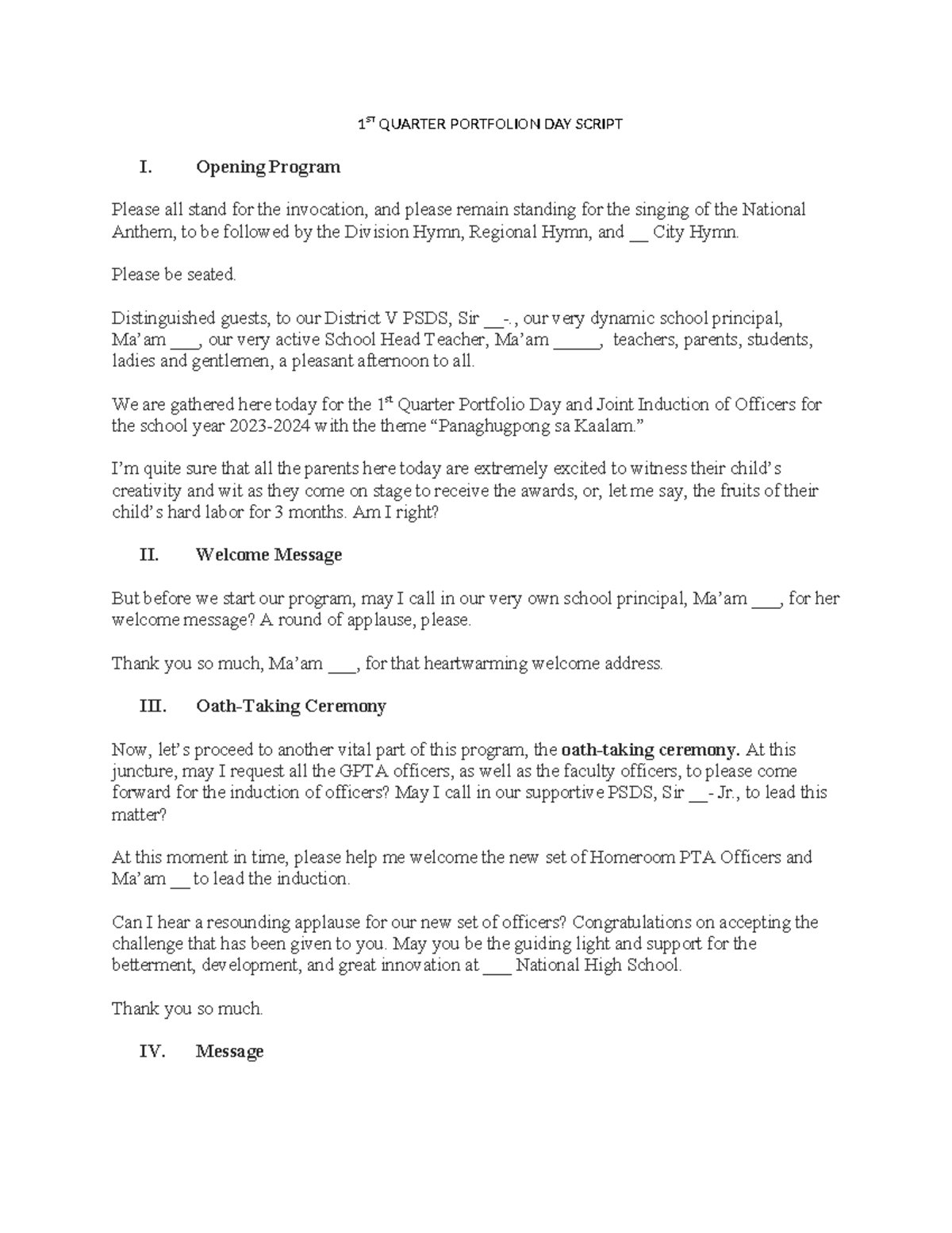 1st Quarter Portfolio Day Program Script 2023-24 - Studocu
