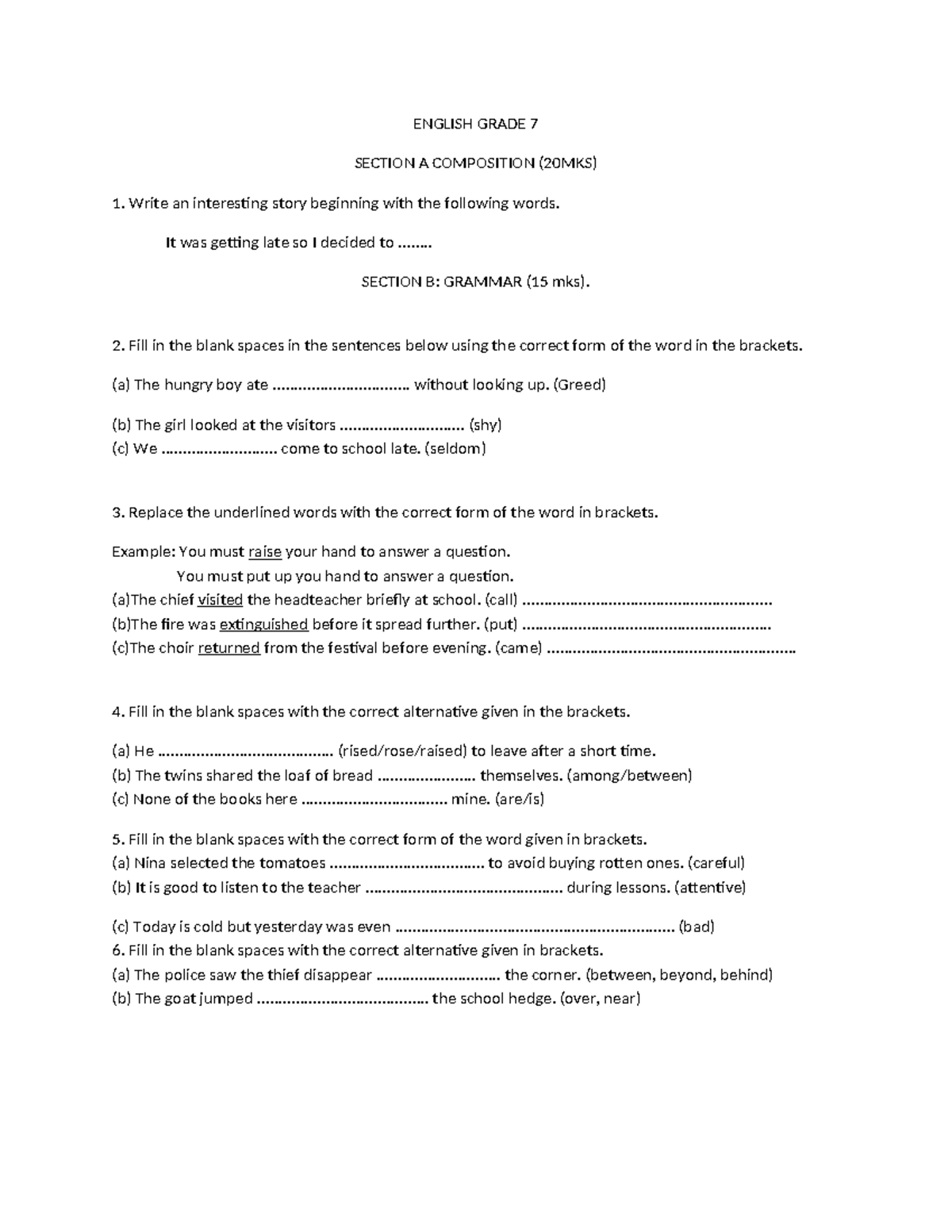 ENGLISH GRADE 7 COMPOSITION & GRAMMAR EXERCISES (35 MKS) - Studocu