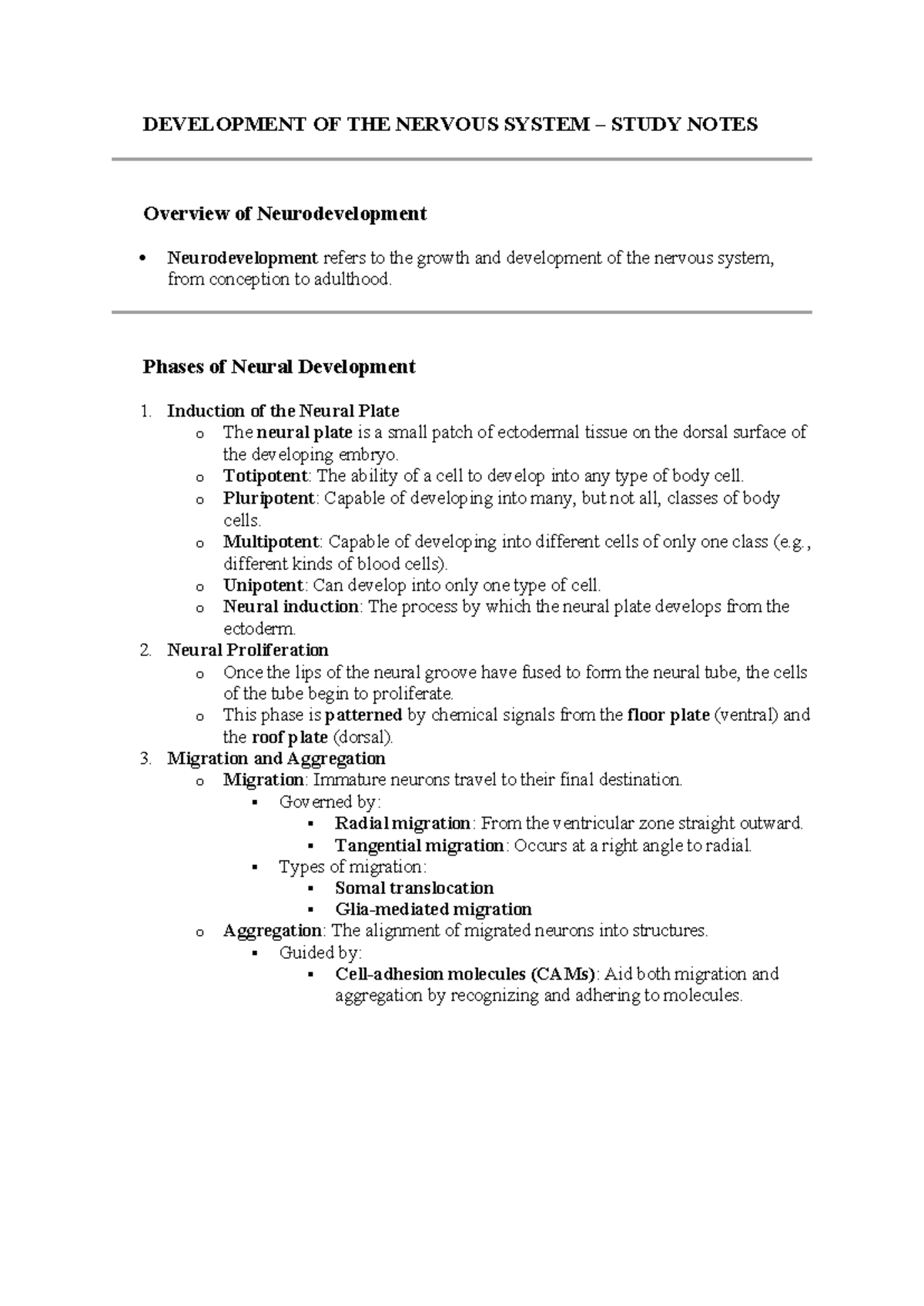 Final Exam Study Notes: Development of the Nervous System (BPSYCH ...