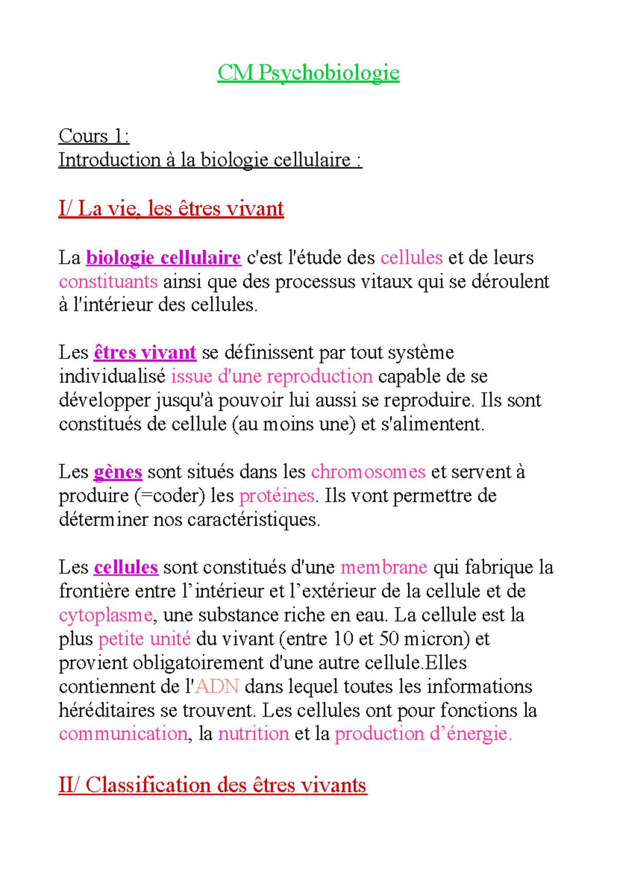 CM Psychobiologie Cours 1: Introduction à la Biologie Cellulaire - Studocu