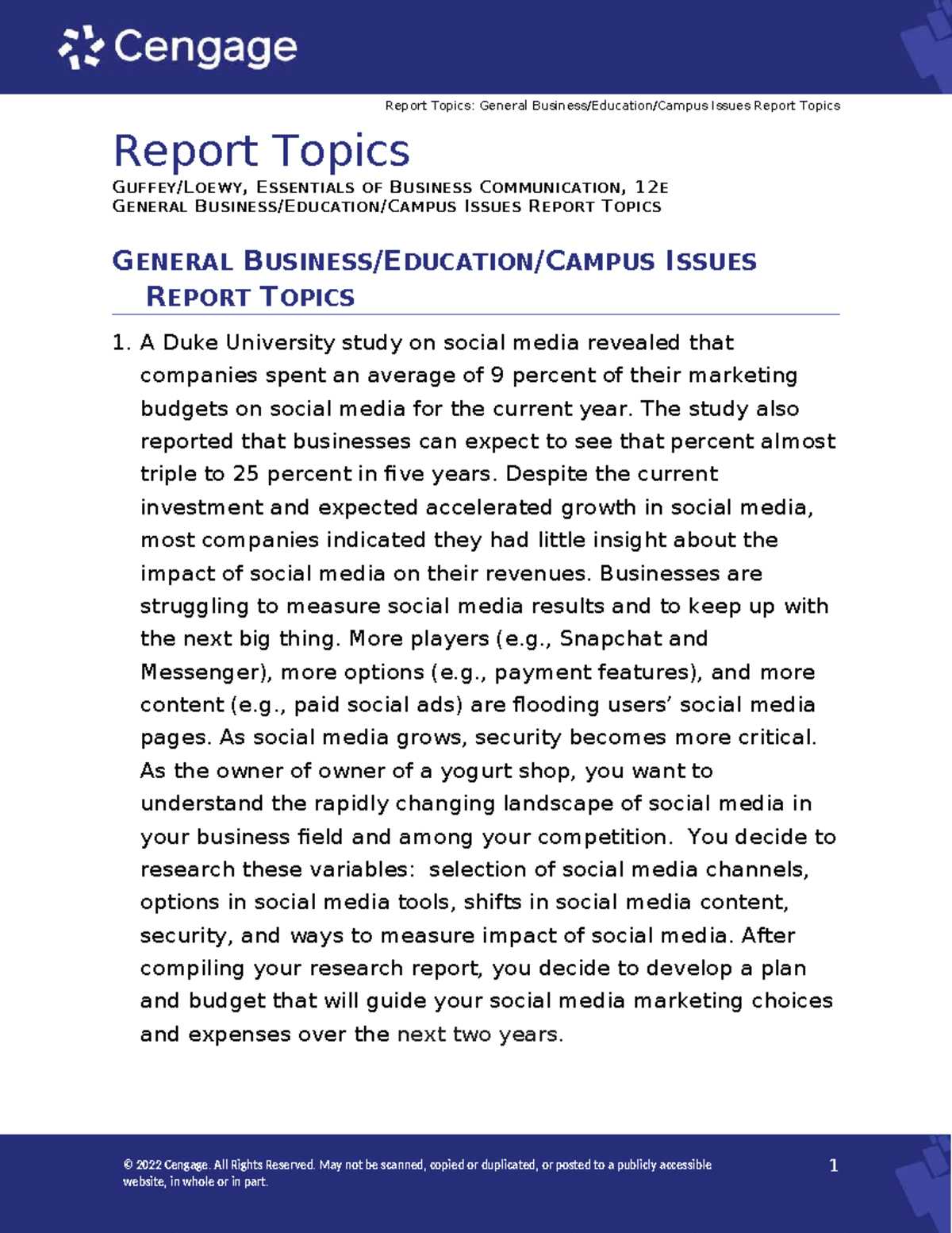 Business Report Topics Analysis EBC 12e by Guffey & Loewy - Studocu