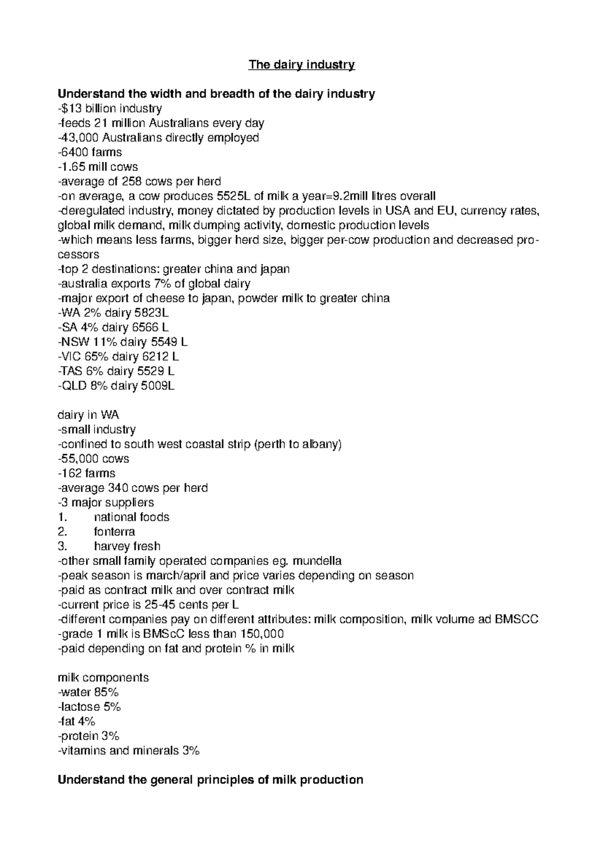 Lecture notes, lectures dairy - The dairy industry Understand the width ...