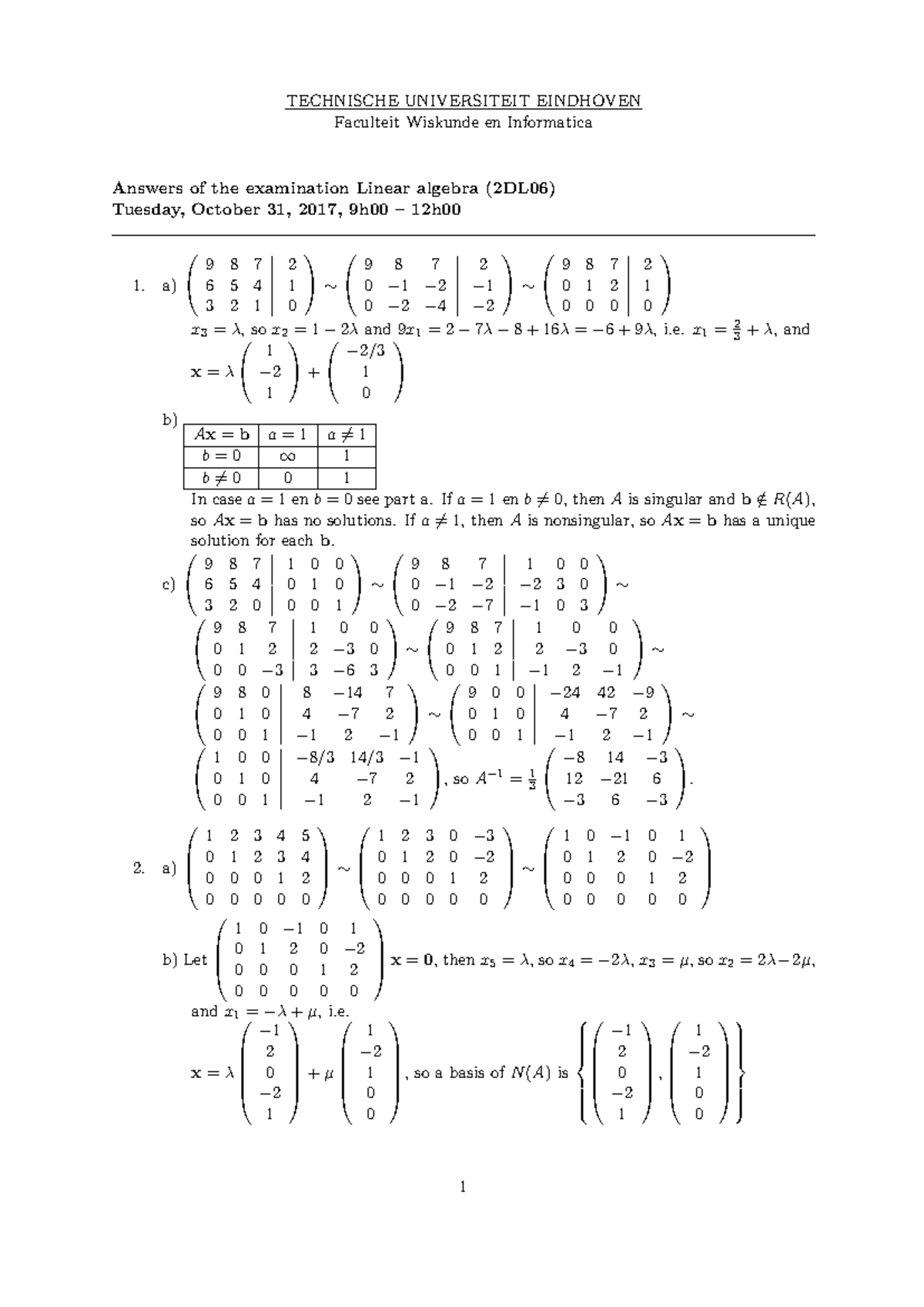 Linear Algebra Exam Solutions - 2DL06, October 31, 2017 - Studeersnel