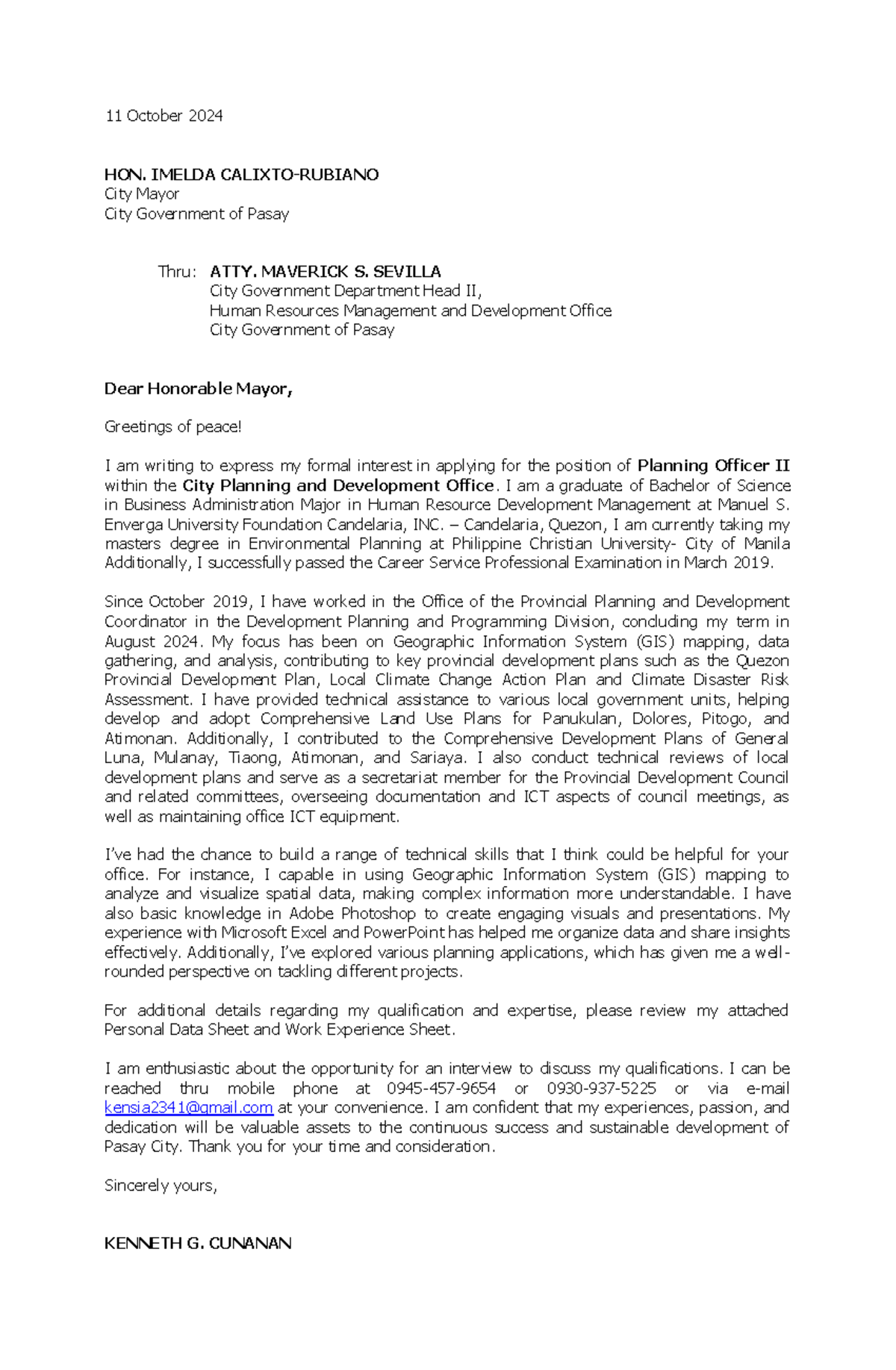Application Letter Sample - Planning Officer II Position Application ...