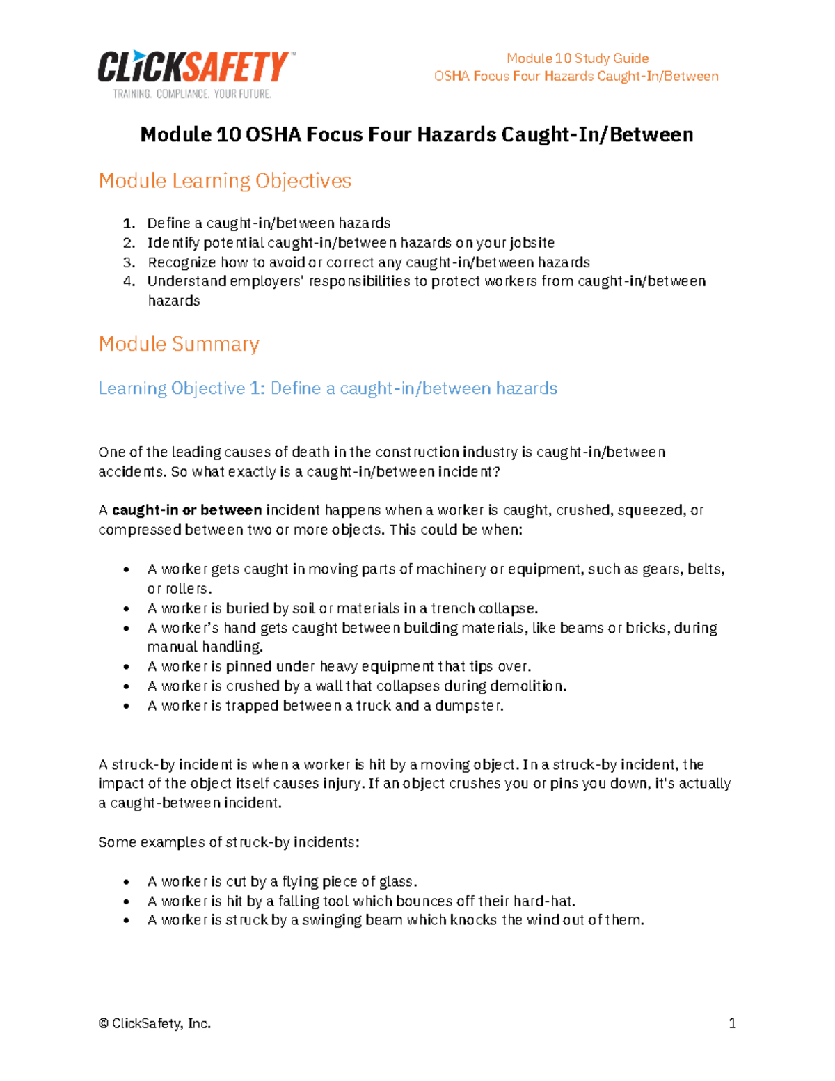 Module 10 Study Guide: OSHA Focus on Caught-In/Between Hazards - Studocu