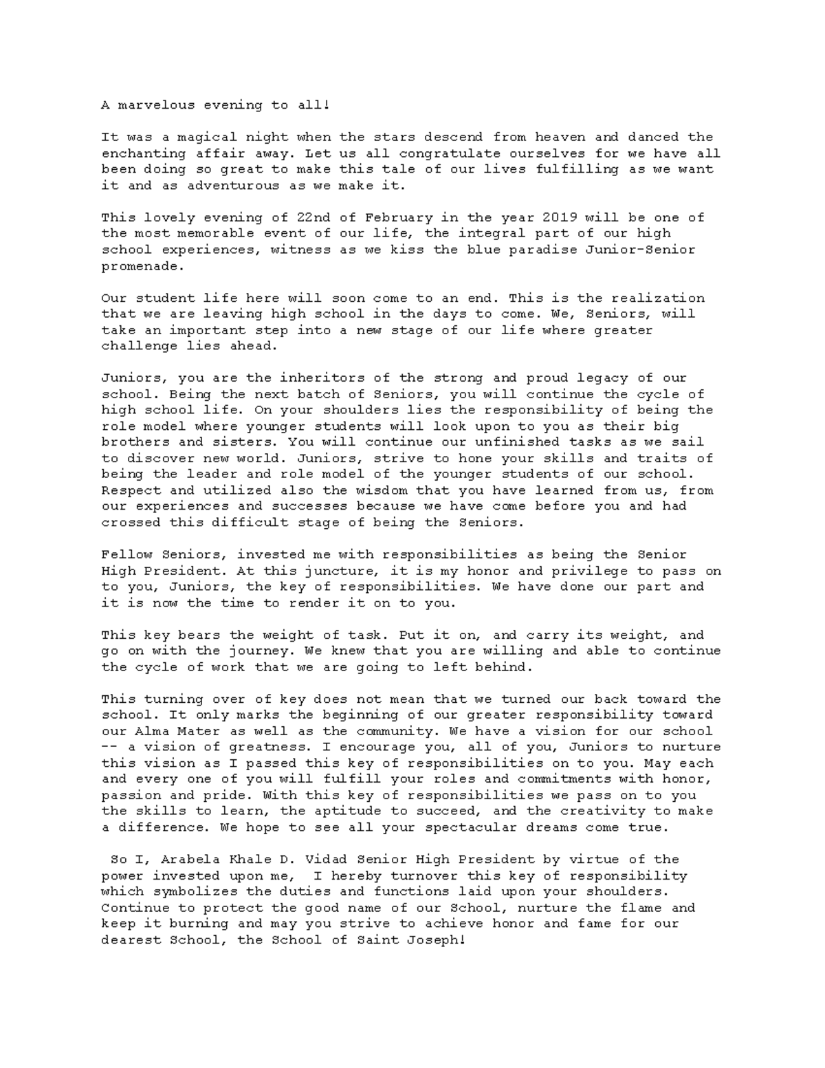 Senior Speech: Passing the Key of Responsibilities at Prom 2019 - Studocu