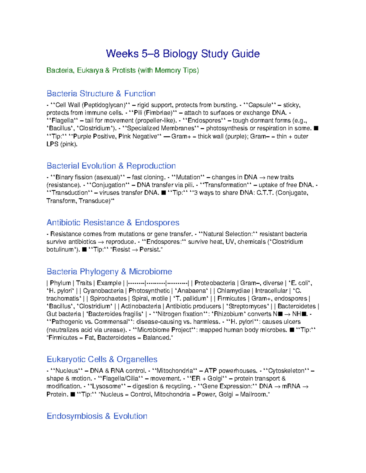 Weeks 5–8 Biology Study Guide: Bacteria, Eukarya & Protists Insights ...