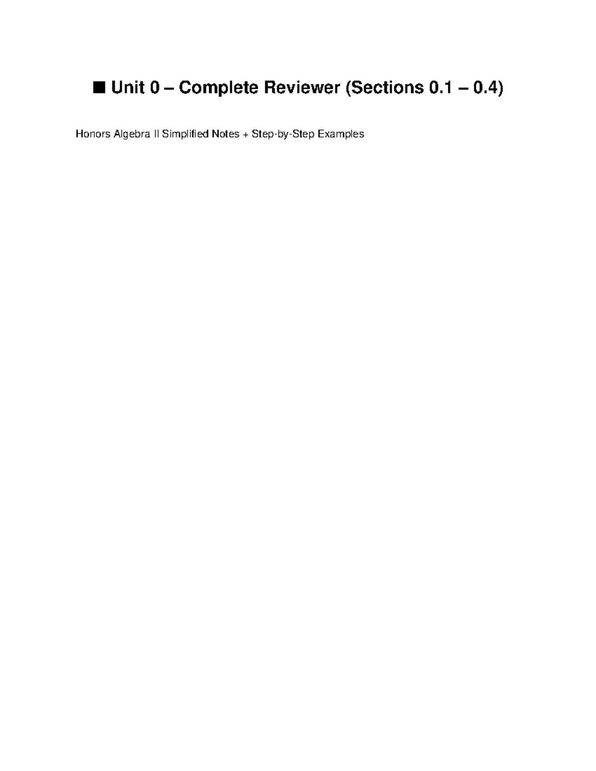 Unit 0 - Complete Reviewer (Sections 0.1-0.4) for Honors Algebra II ...