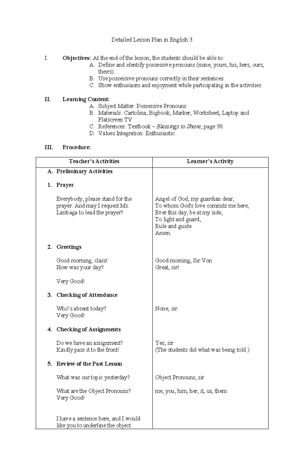 Final Lesson Plan on Possessive Pronouns for English 3 - Studocu