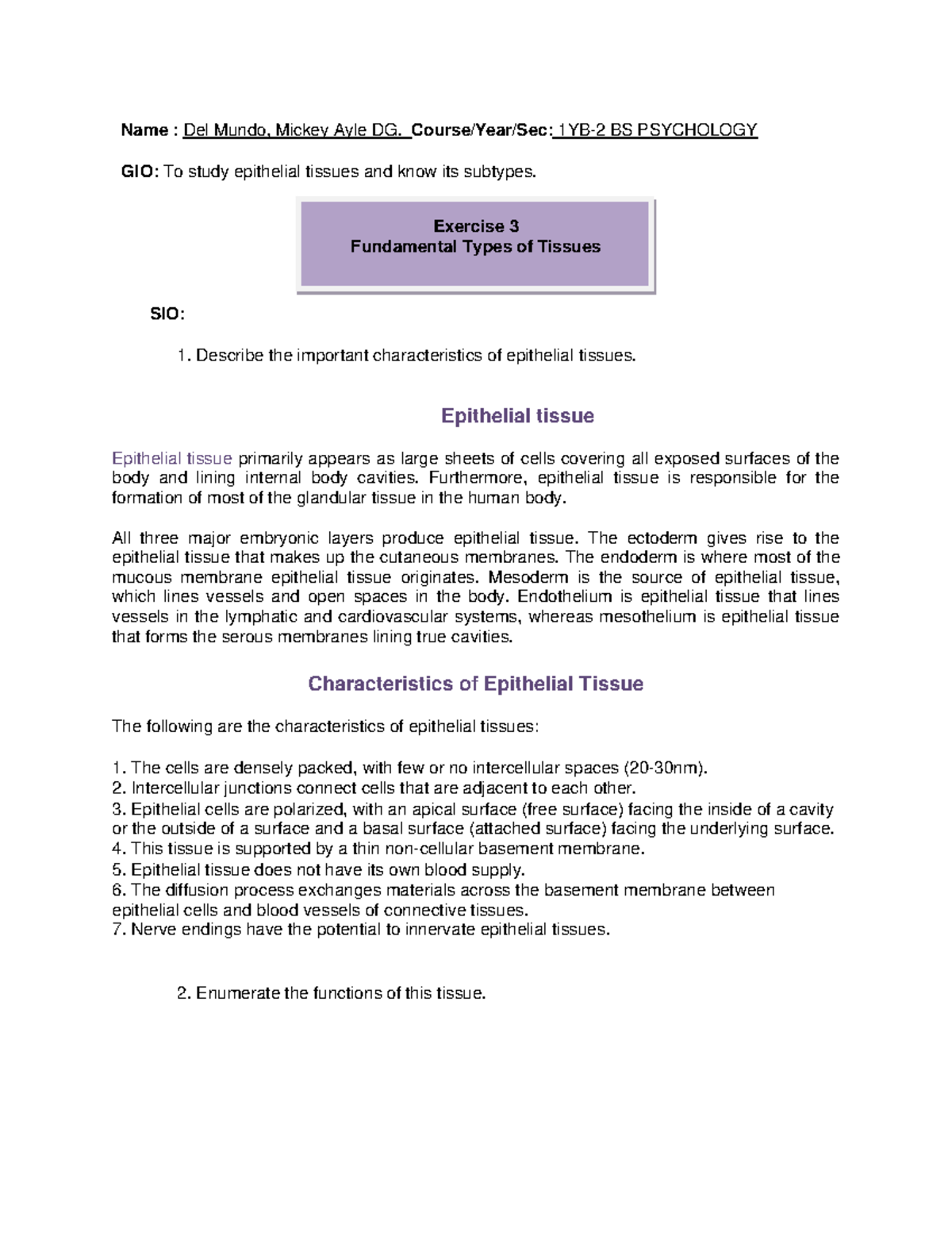 LAB- Exercise Fundamental-types-of-Tissues-Integumentary-System - Name : Del Mundo, Mickey Ayle ...