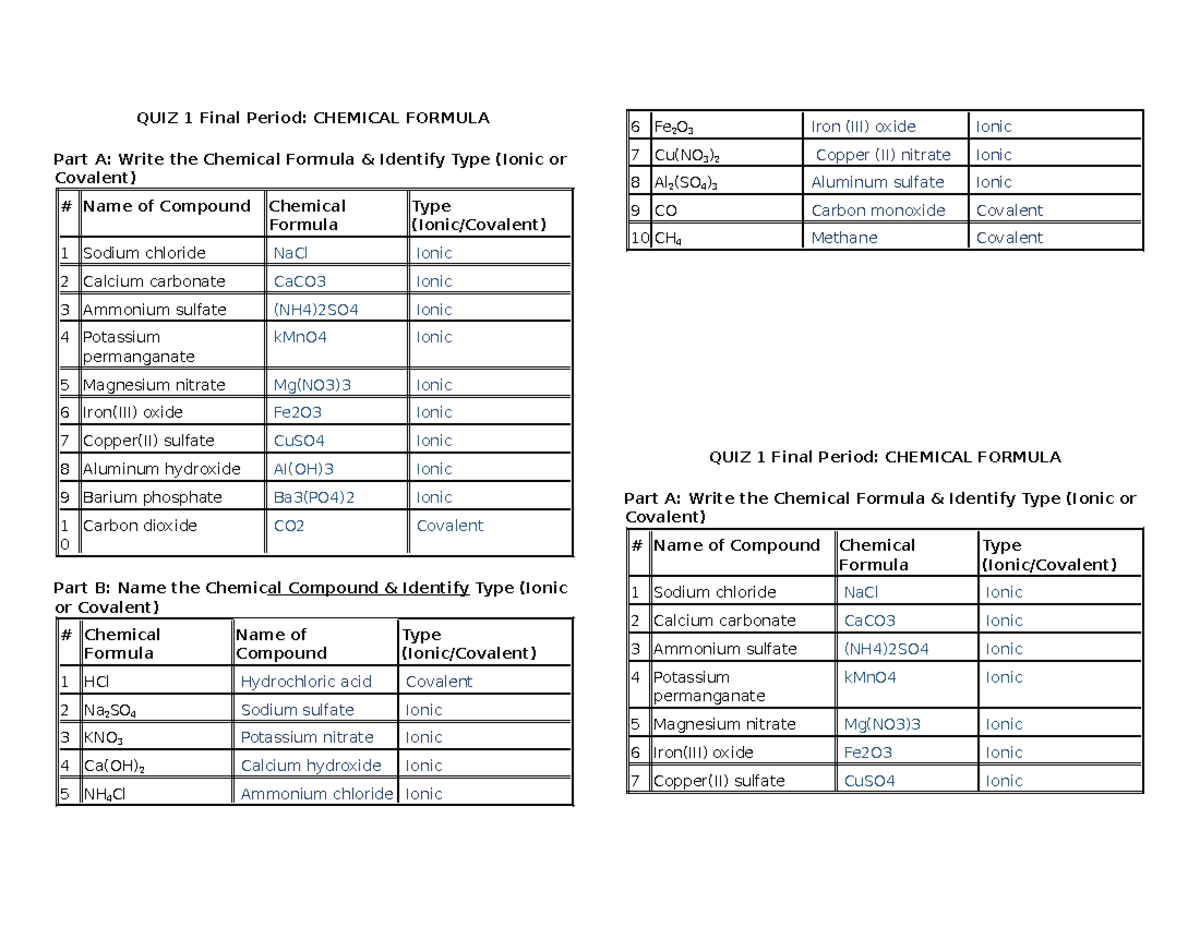 QUIZ 1 Final Exam: Chemical Formulas & Compound Types - Studocu