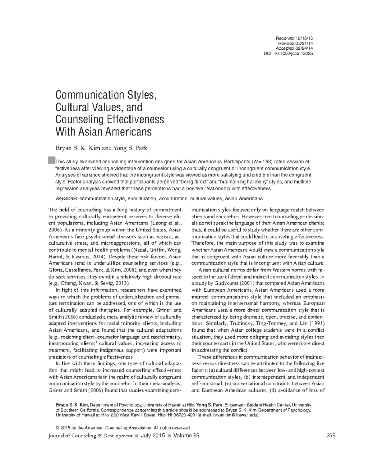 Communication Styles and Counseling Effectiveness with Asian Americans ...