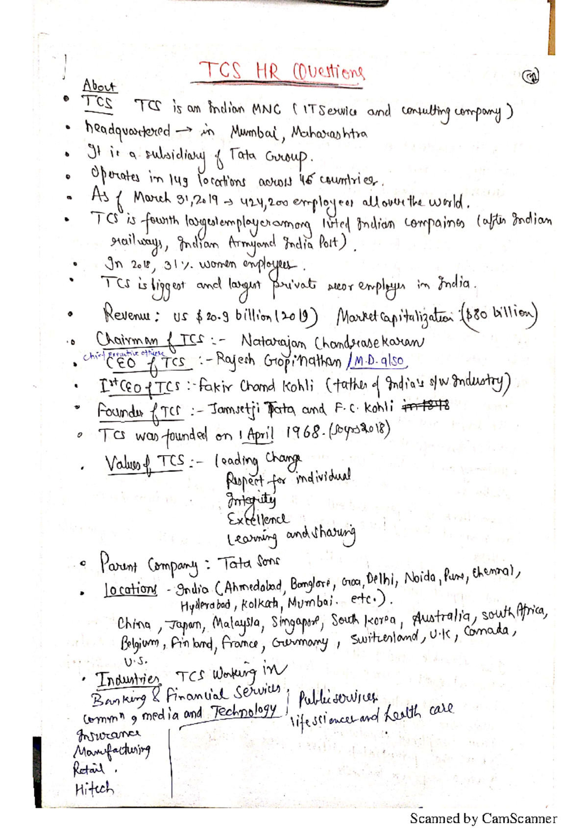 TCS HR Interview Handwritten Notes: Key Questions and Tips - Studocu