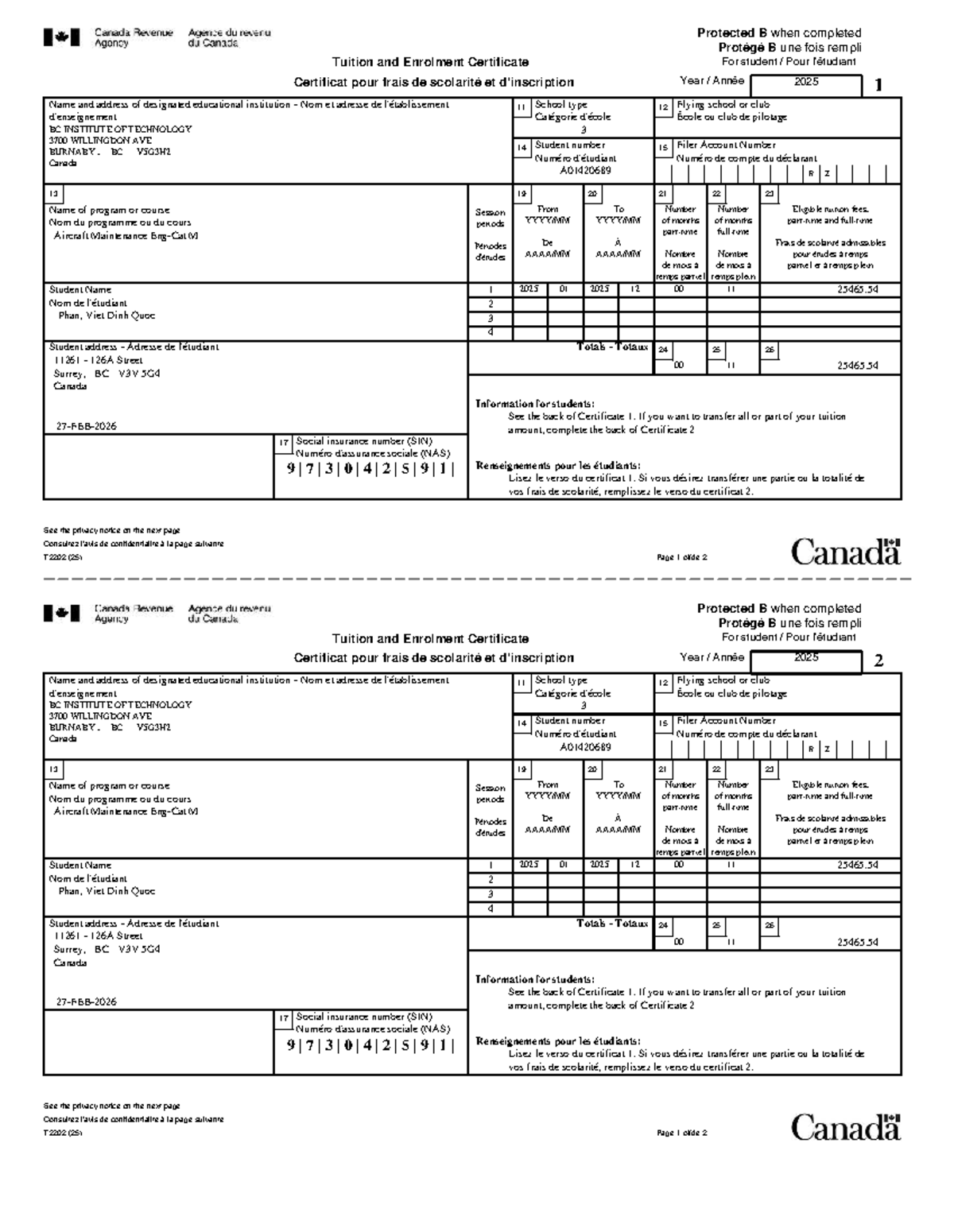 Tuition and Enrolment Certificate T2202 for 2025 - Studocu