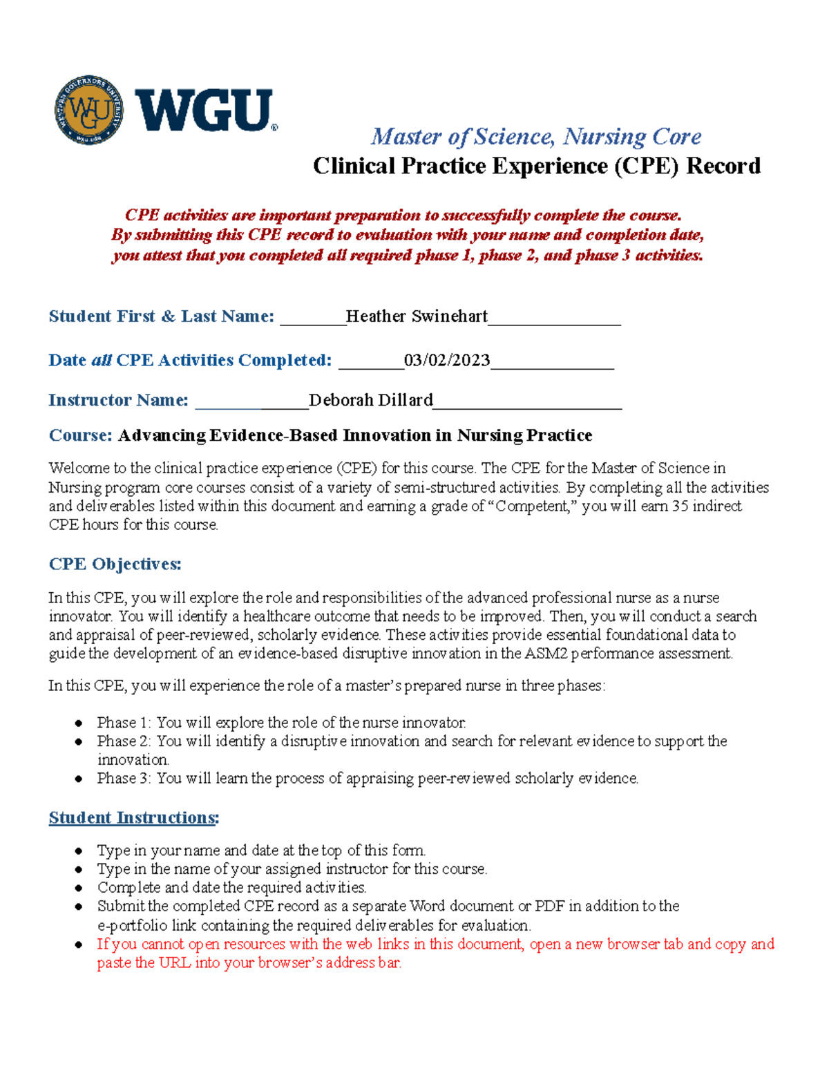 CPE Record for MS Nursing: Clinical Practice Experience Documentation ...