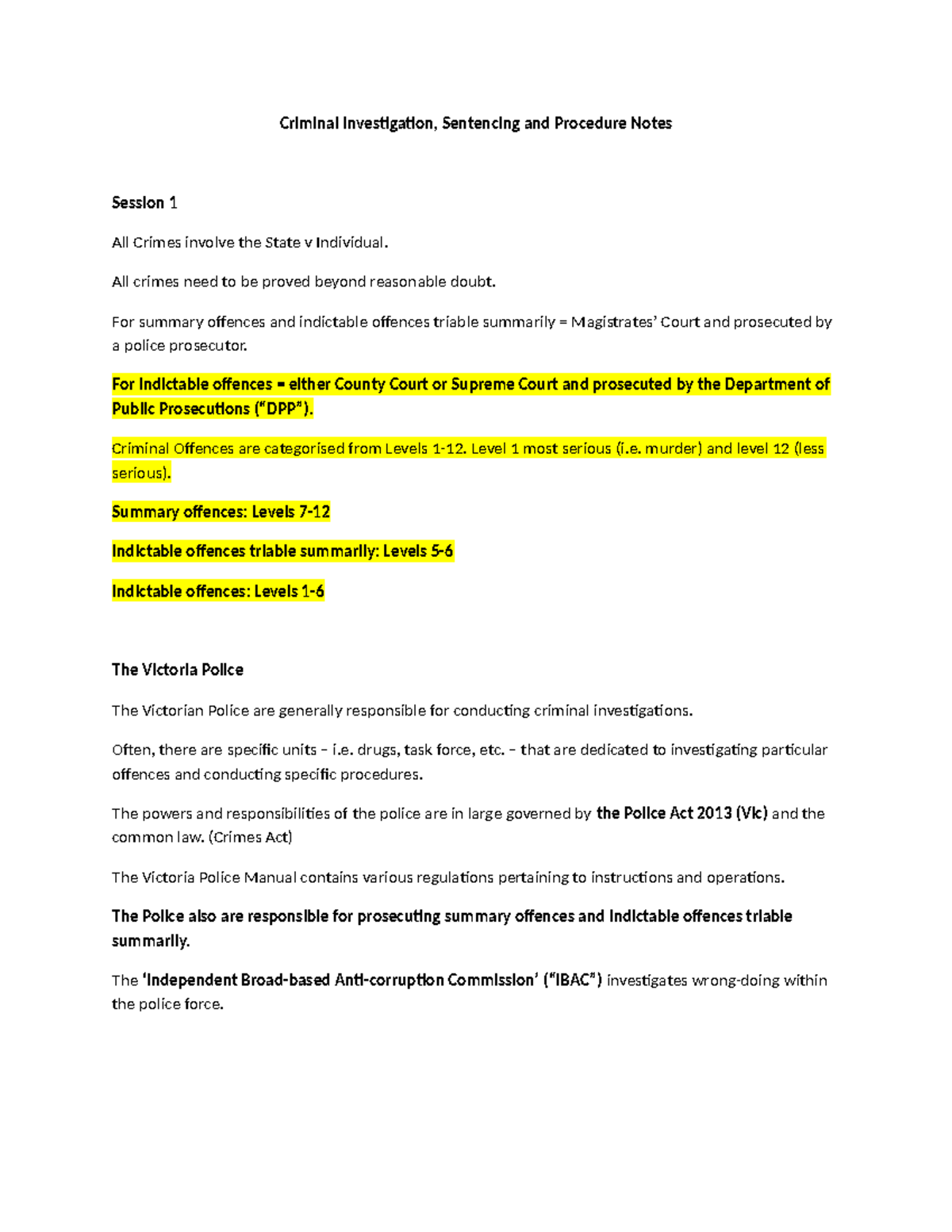 Criminal Investigation & Procedure Notes (Session 1 & 2) - Vic Law ...