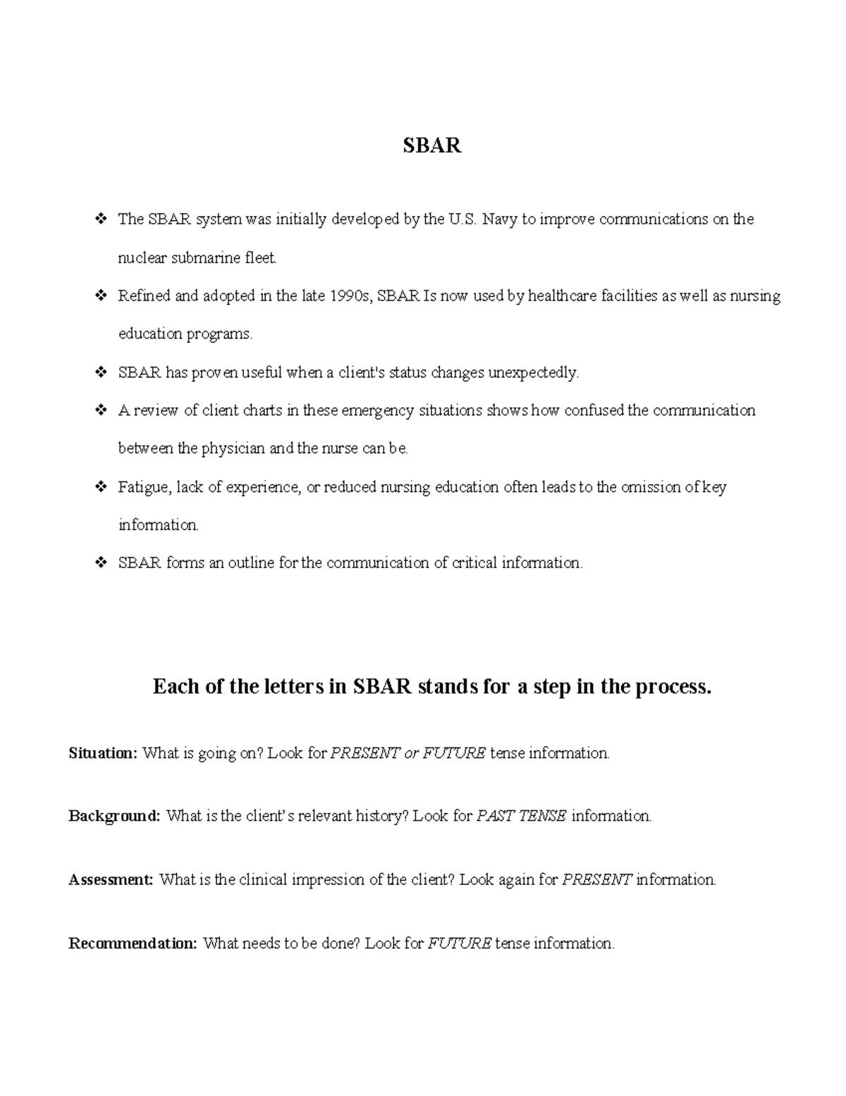 SBAR Communication in Nursing: An Overview of the System - Studocu