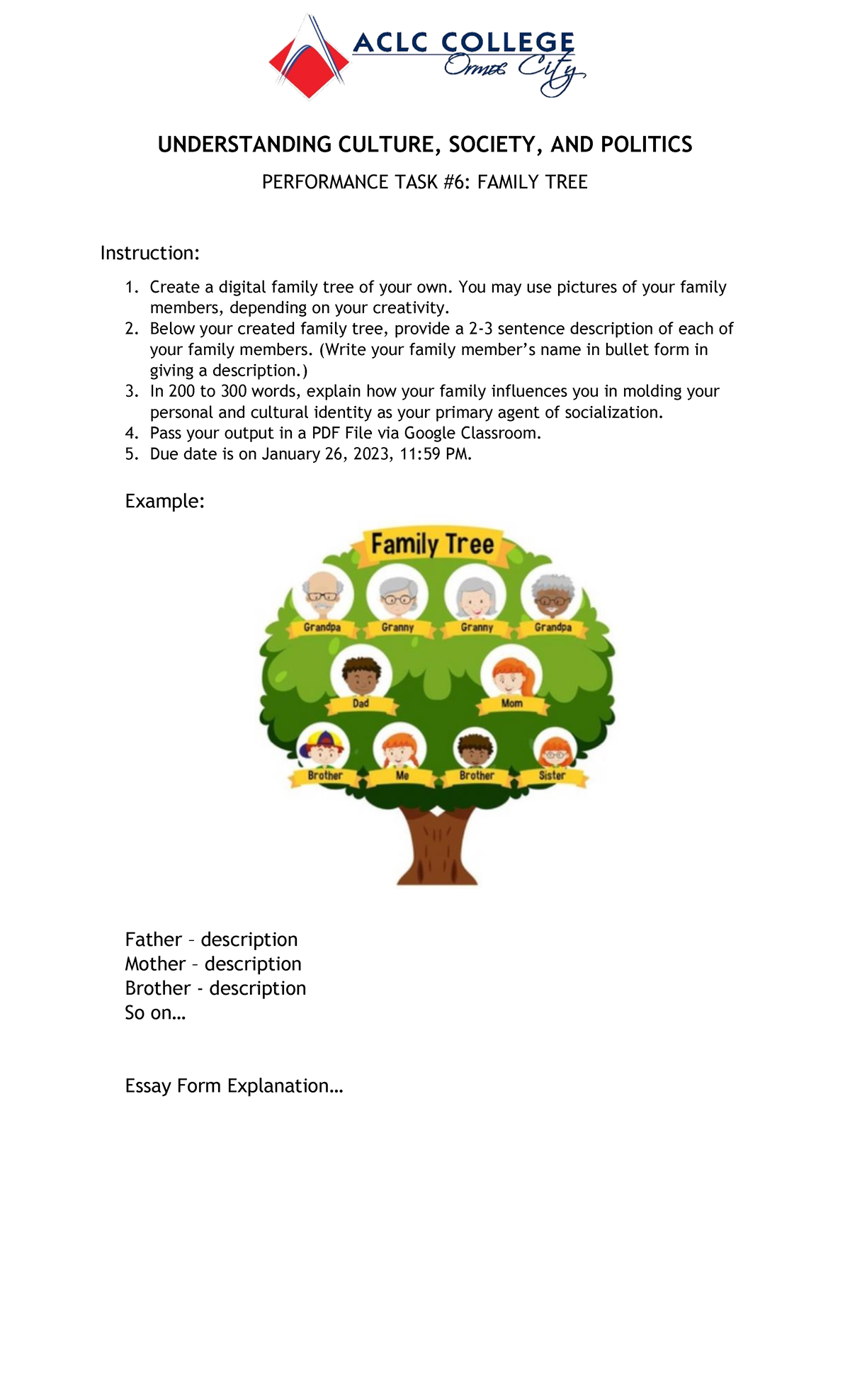 UCSP Performance Task 6: Family Tree Project and Reflection Essay - Studocu