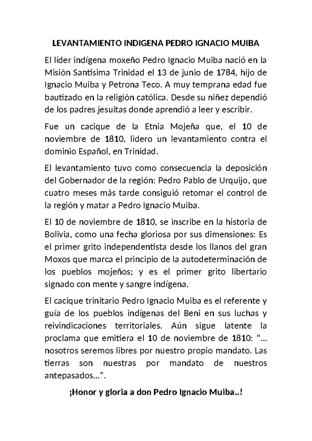 Levantamiento Indígena de Pedro Ignacio Muiba en el Beni: 1810 - Studocu