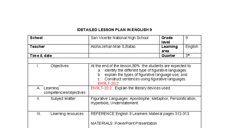 Detailed Lesson Plan in English 9: Figurative Language Concepts - Studocu