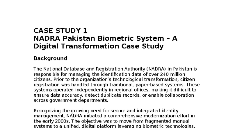 CASE STUDY 1: NADRA Pakistan Biometric System Transformation - Studocu