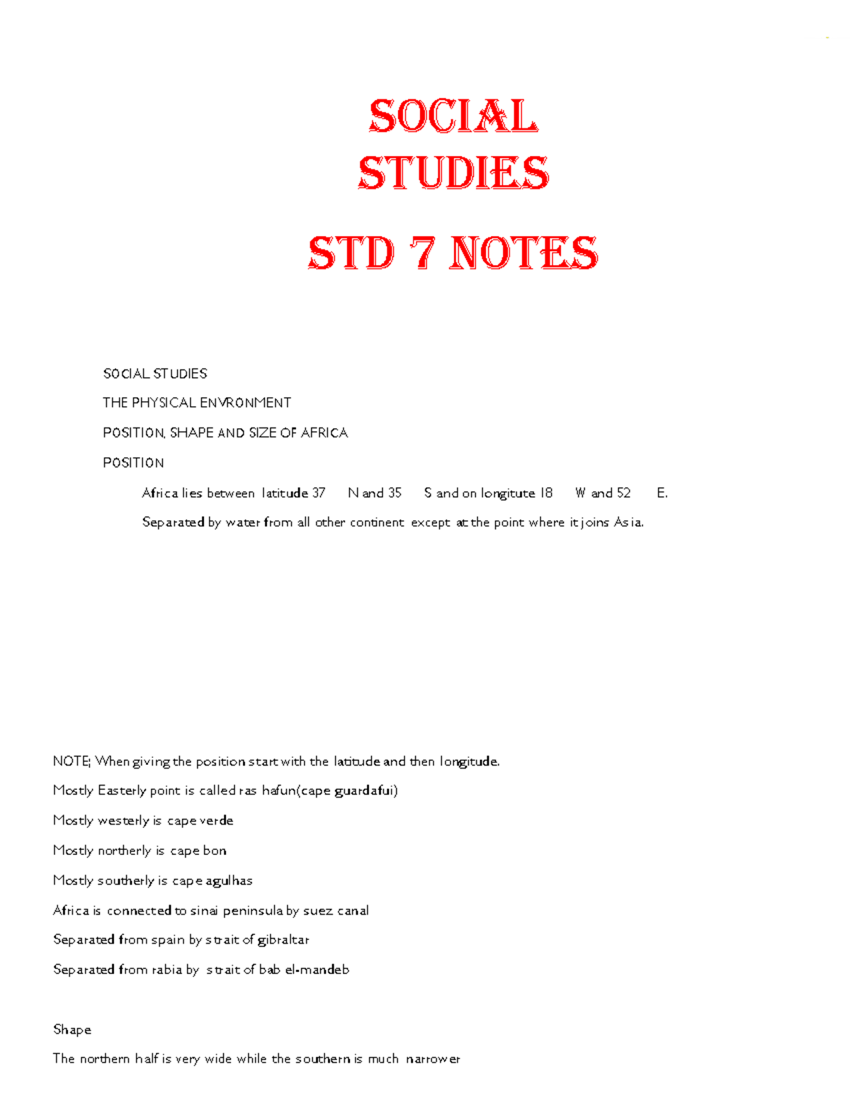 SOCIAL STUDIES STD 7 NOTES: PHYSICAL ENVIRONMENT OF AFRICA - Studocu