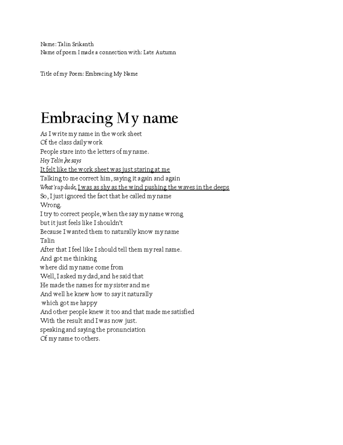 Embracing My Name: A Poem by Talin Srikanth - Studocu