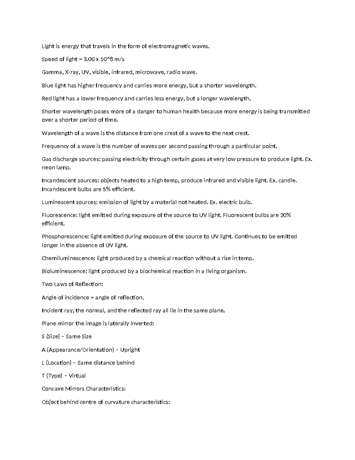 Physics 101: Light and Waves Test Review Sheet - Studocu