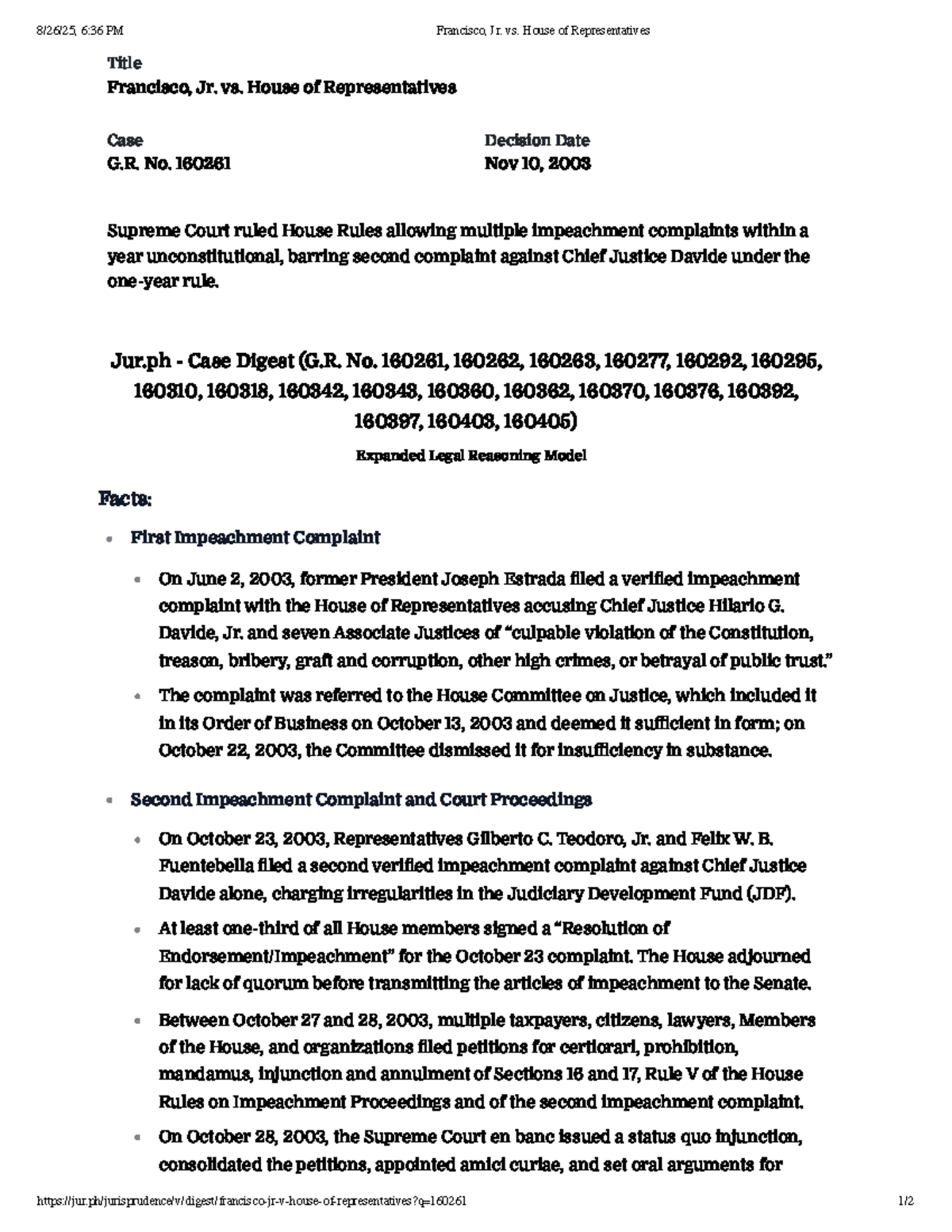 G.R. No. 160261 Case Digest: Francisco, Jr. vs. House of ...