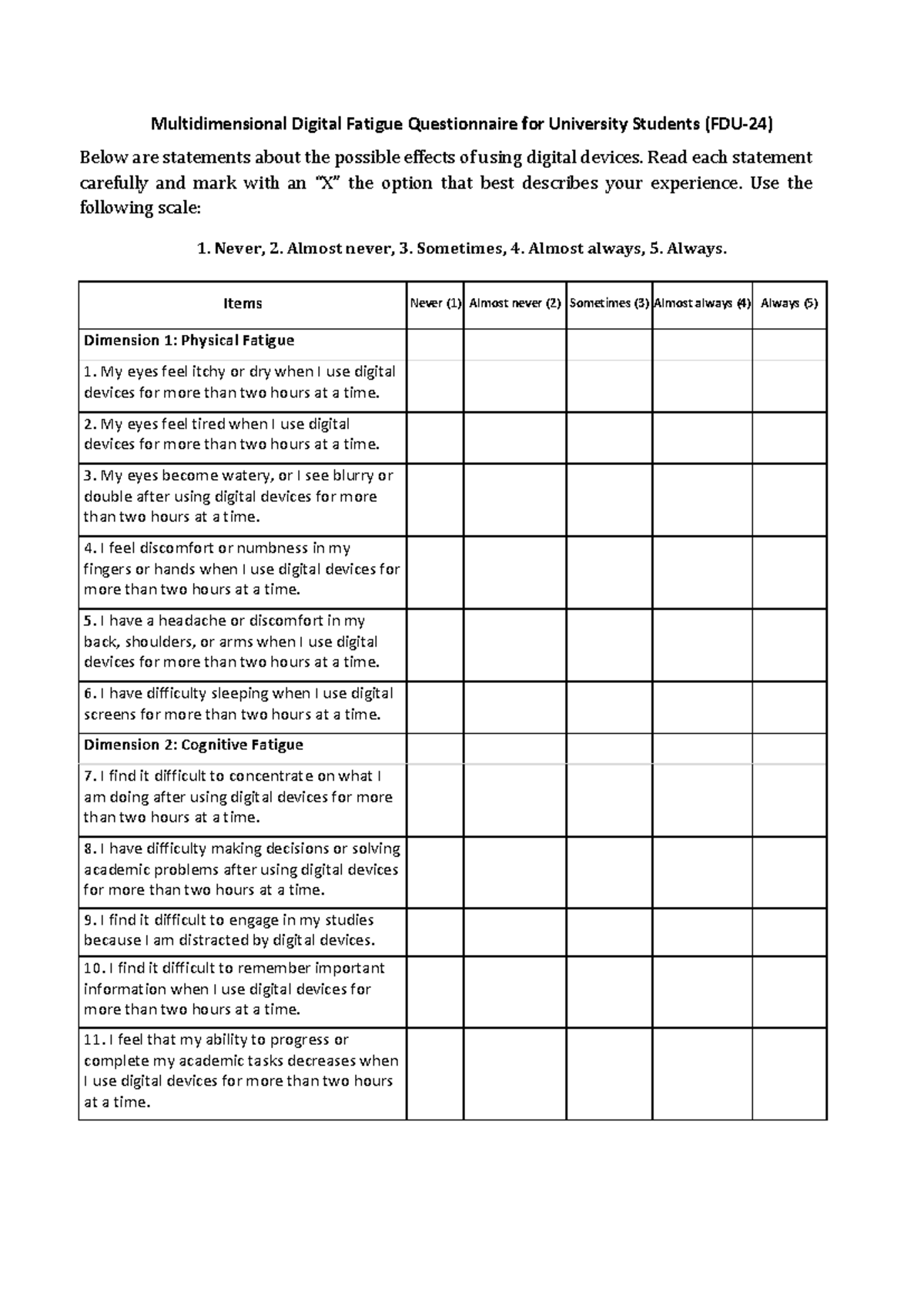 Multidimensional Digital Fatigue Questionnaire (FDU-24) - Bilingual ...
