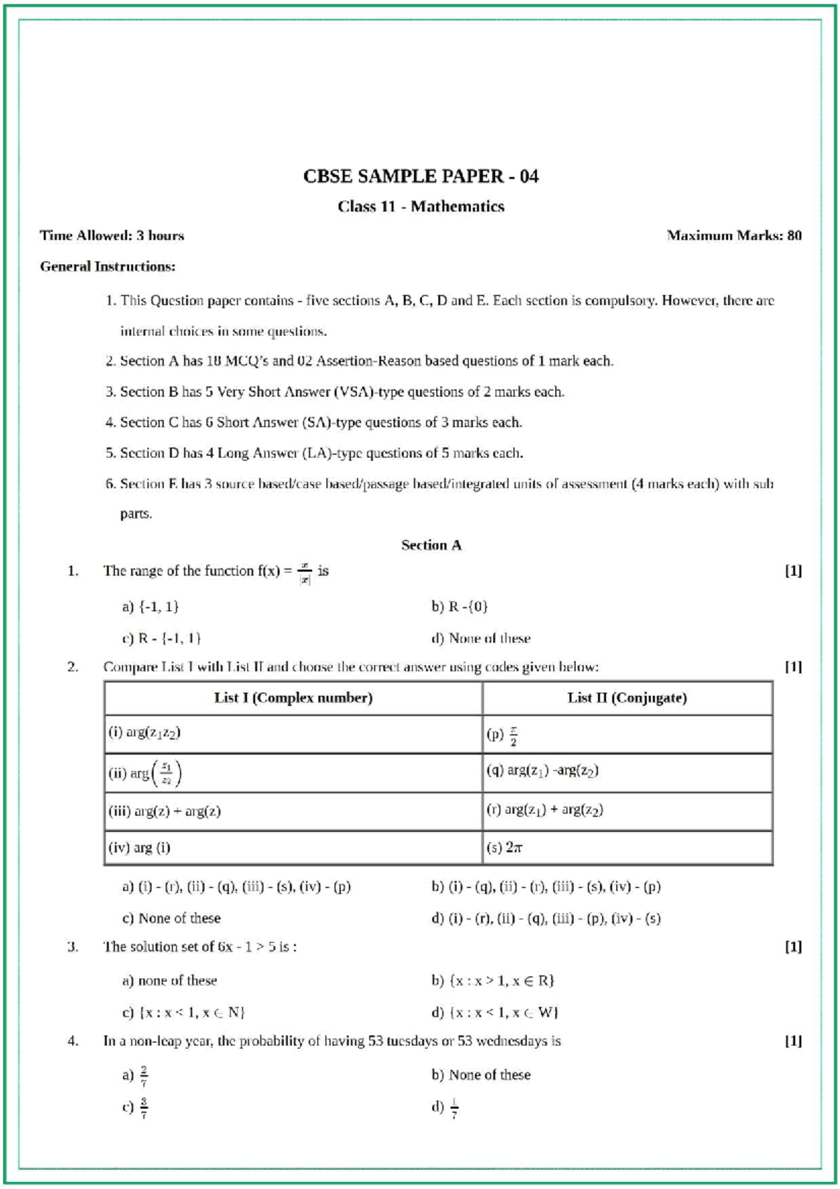 CBSE Class 11 Mathematics Sample Paper 04 - Important Past Papers - Studocu
