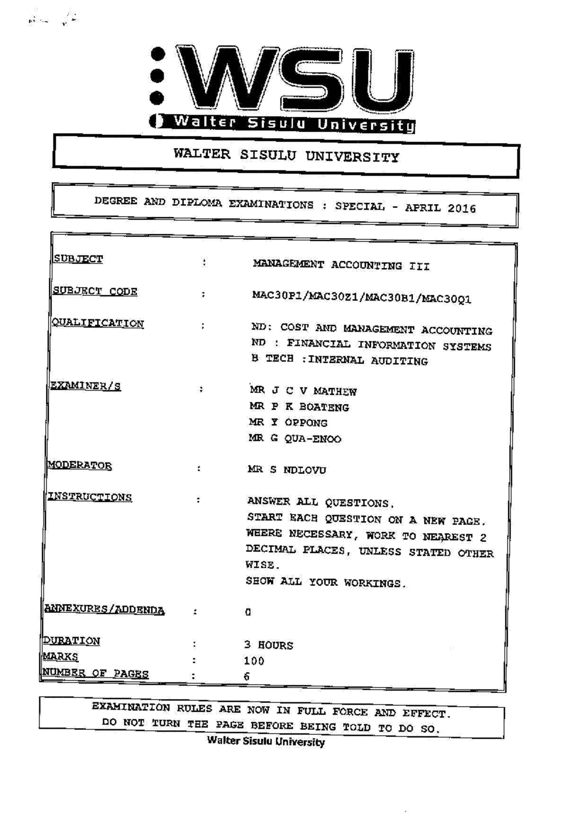 WSU Management Accounting Exam Memorandum - April 2016 - Studocu