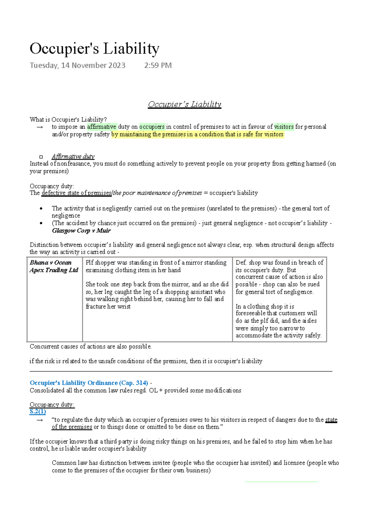 Occupier's Liability: Key Concepts and Case Law Overview - Studocu