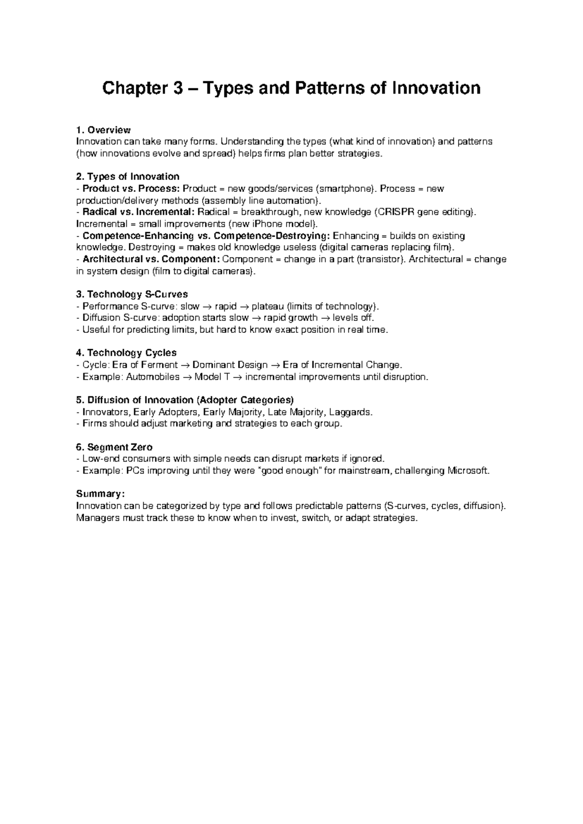 Chapter 3 Summary: Types and Patterns of Innovation - Studeersnel