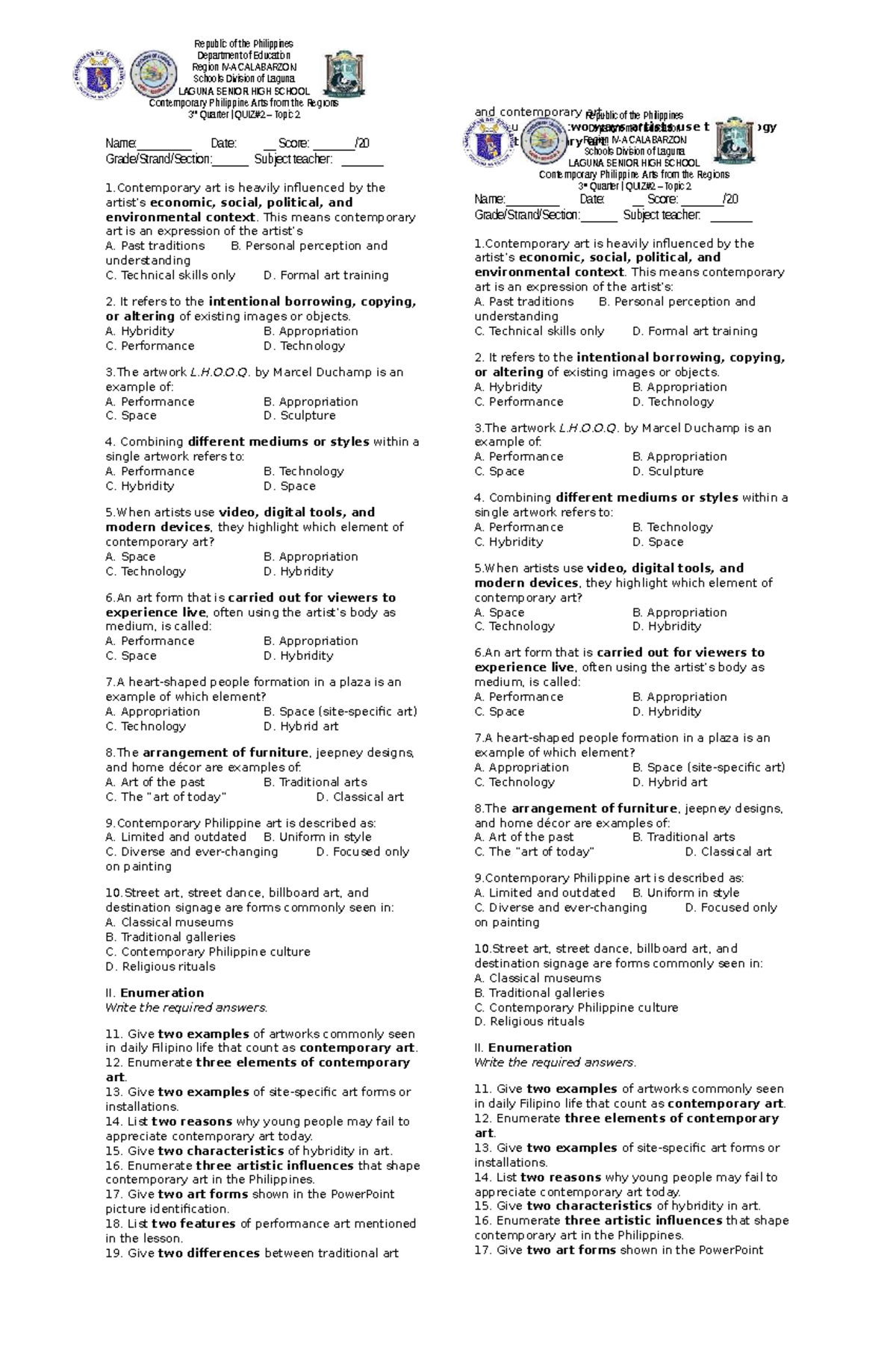LAGUNA SENIOR HIGH SCHOOL Contemporary Philippine Arts Quiz 2 - Studocu