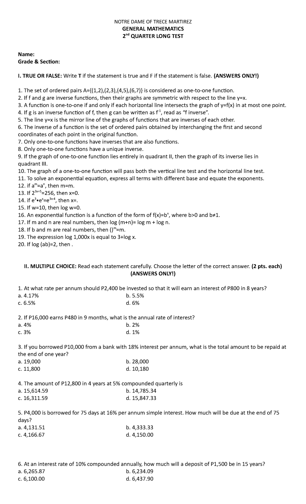 GEN MATH (2ND QTR) - Long Test Review Questions and Answers - Studocu