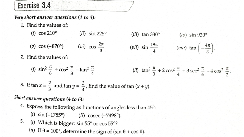Trigonometric Functions Exercise 3.4 & 3.5: Short Answer Questions ...
